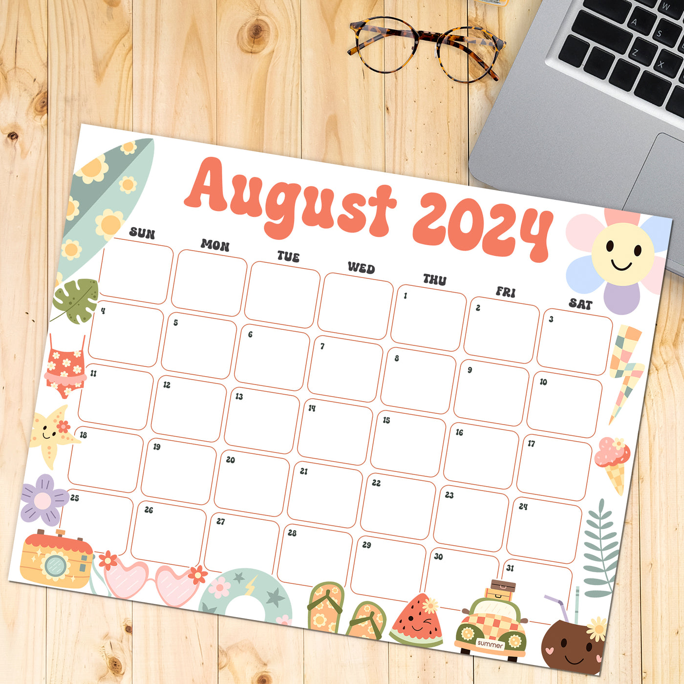 Adorable Retro August 2024 Summer Theme Printable Calendar - Posh Park