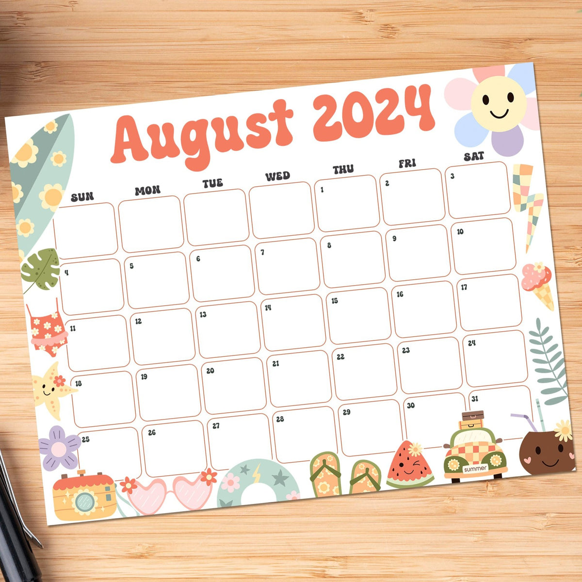 Printable Vintage August 2024 Calendar with Adorable Retro Theme - Posh ...
