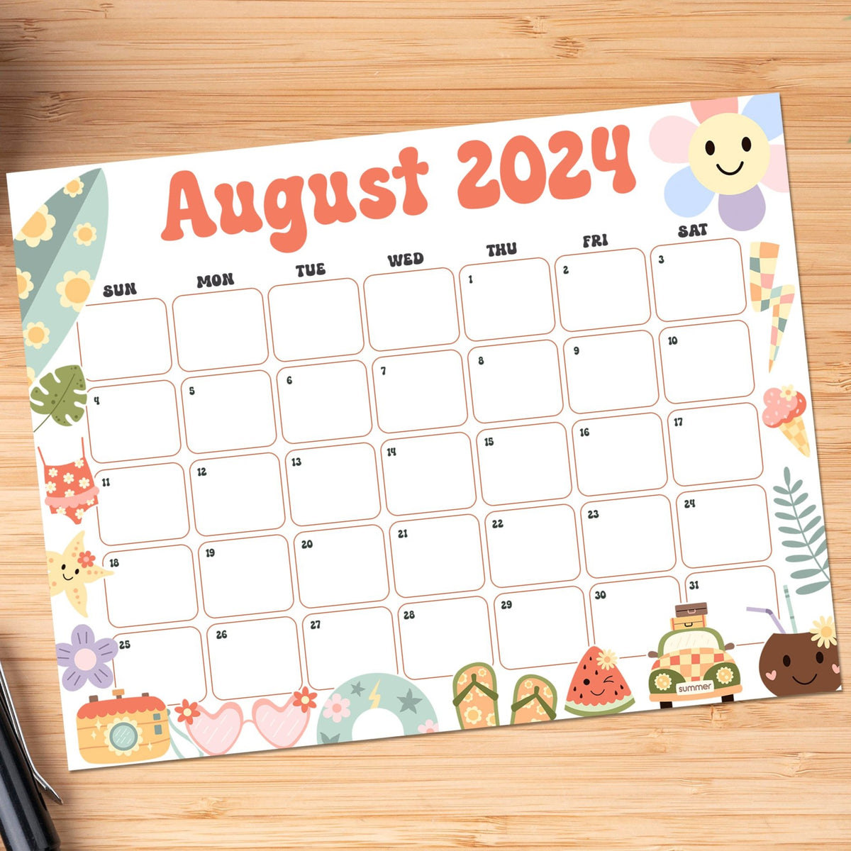 Adorable Retro August 2024 Summer Theme Printable Calendar - Posh Park