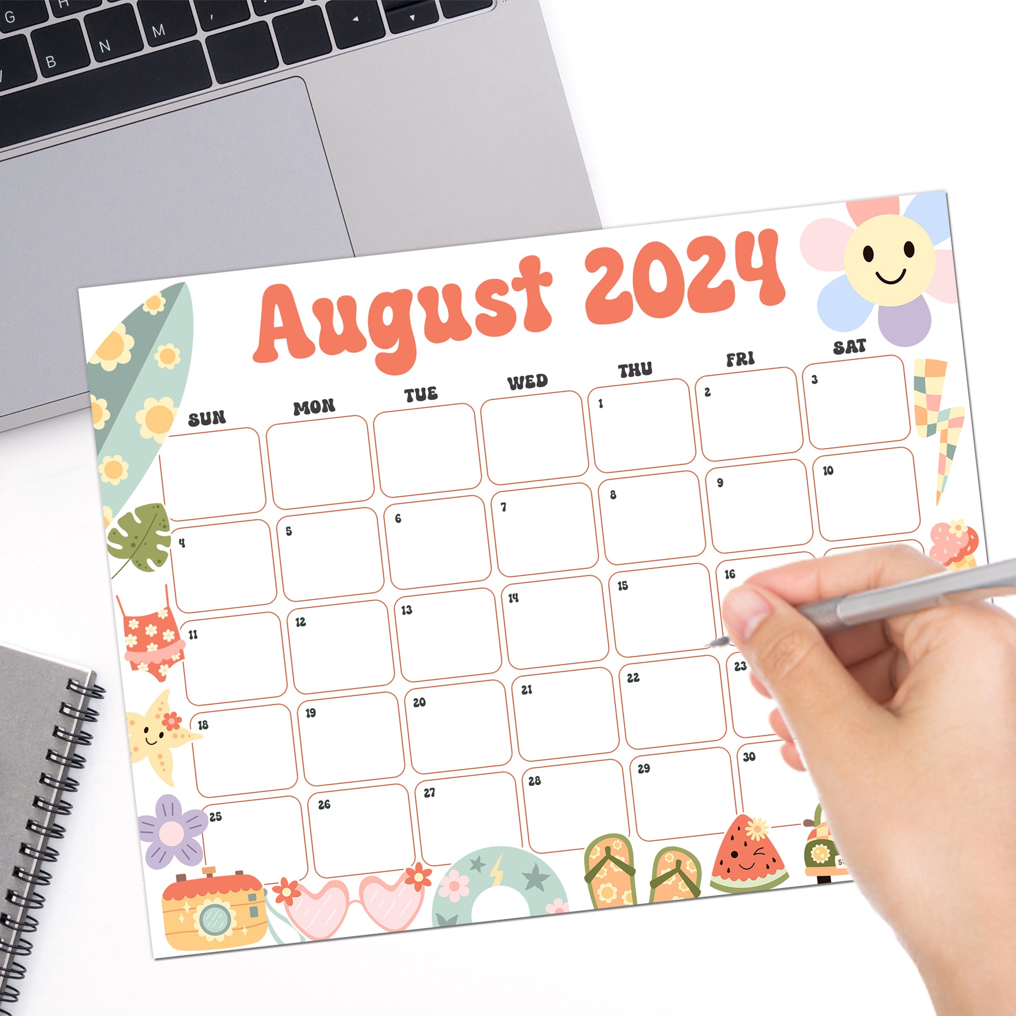 Adorable Retro August 2024 Summer Theme Printable Calendar - Posh Park