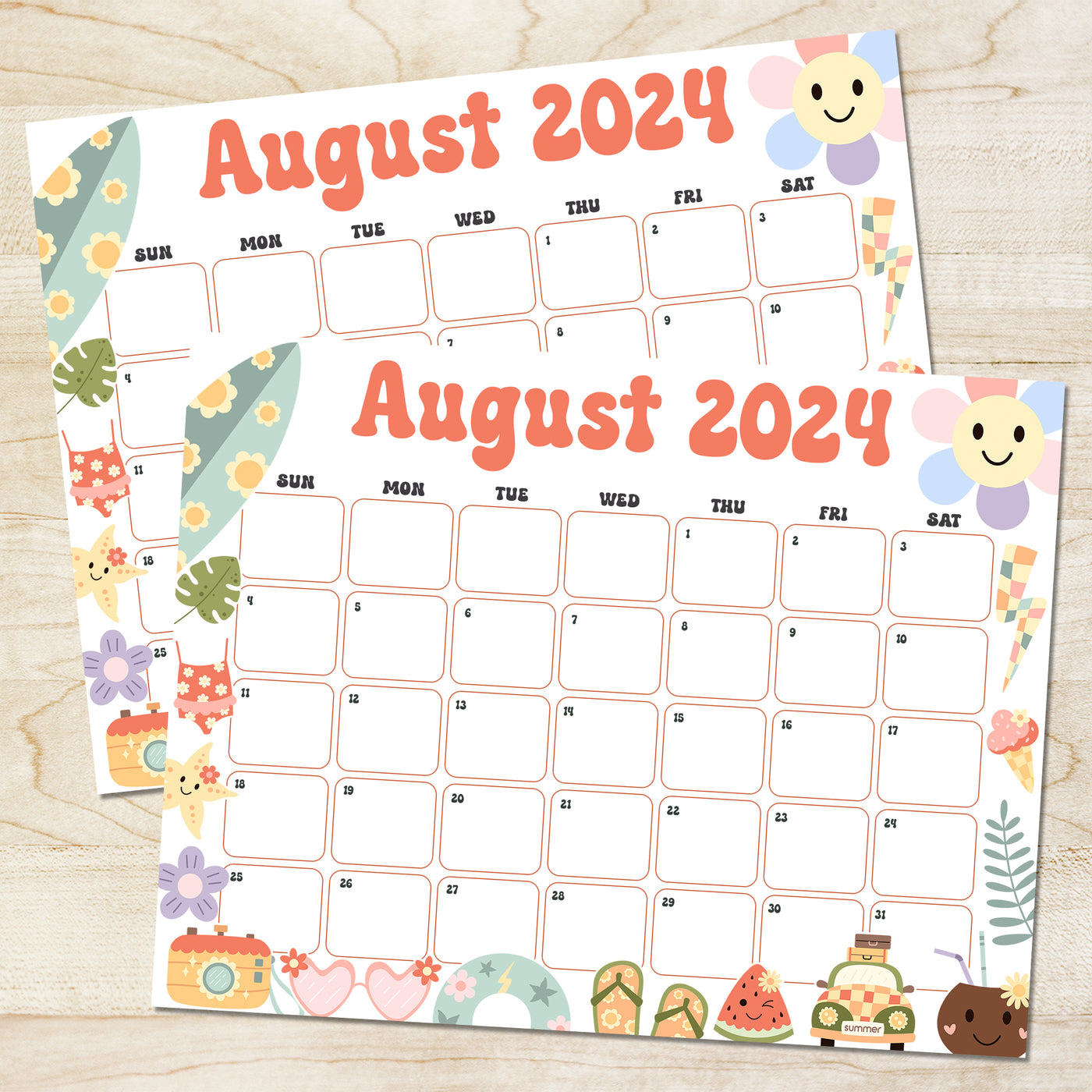 Adorable Retro August 2024 Summer Theme Printable Calendar - Posh Park