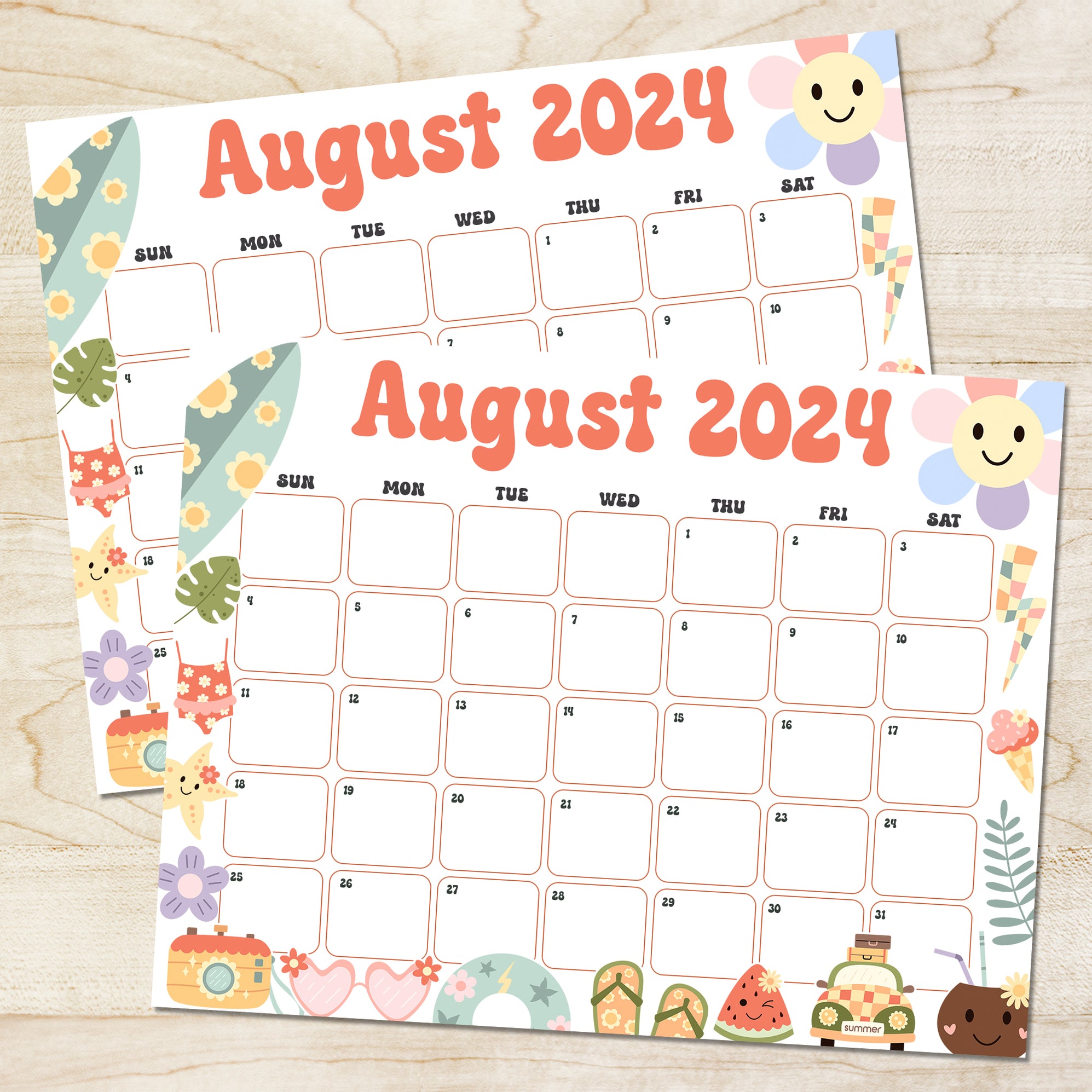Adorable Retro August 2024 Summer Theme Printable Calendar - Posh Park