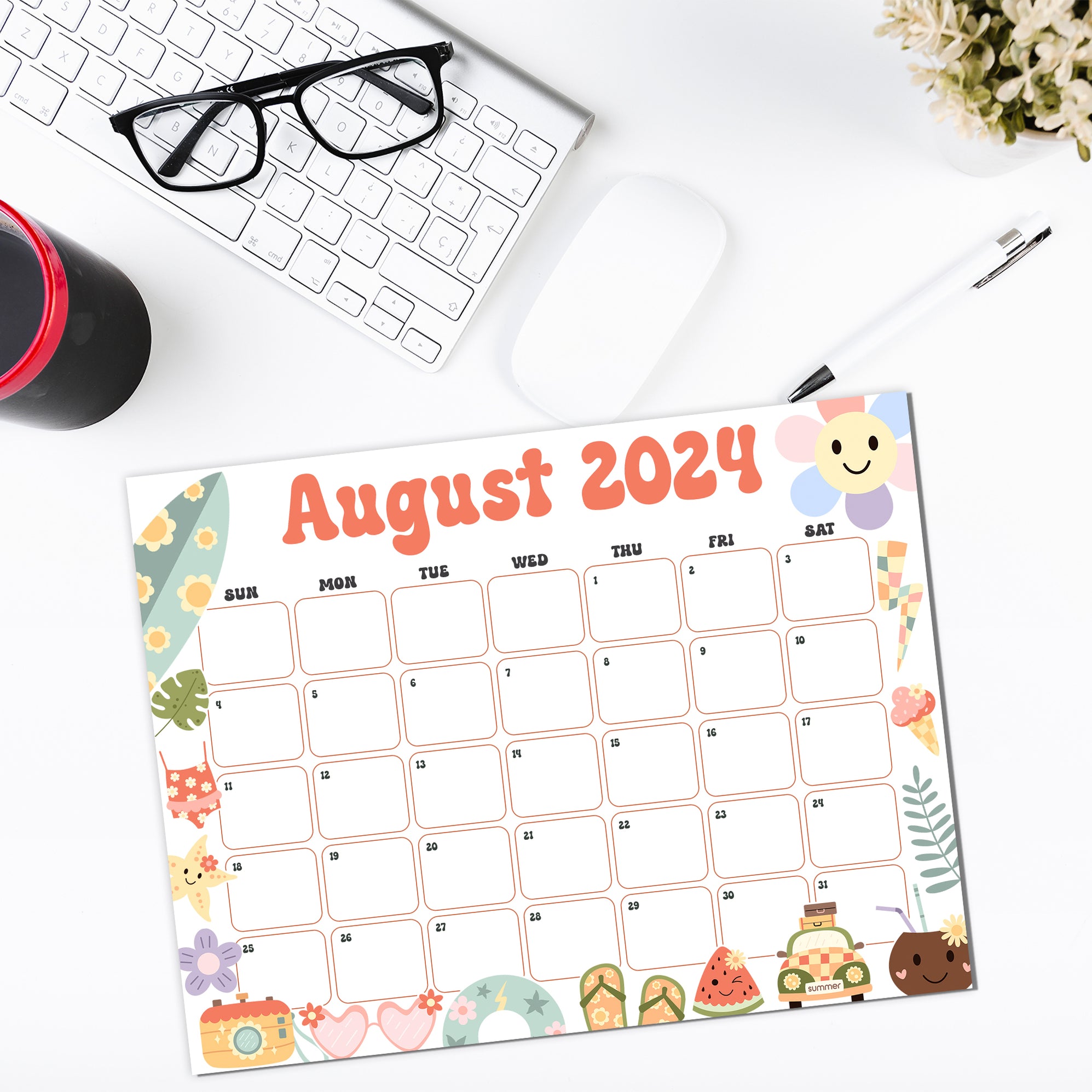 Adorable Retro August 2024 Summer Theme Printable Calendar - Posh Park