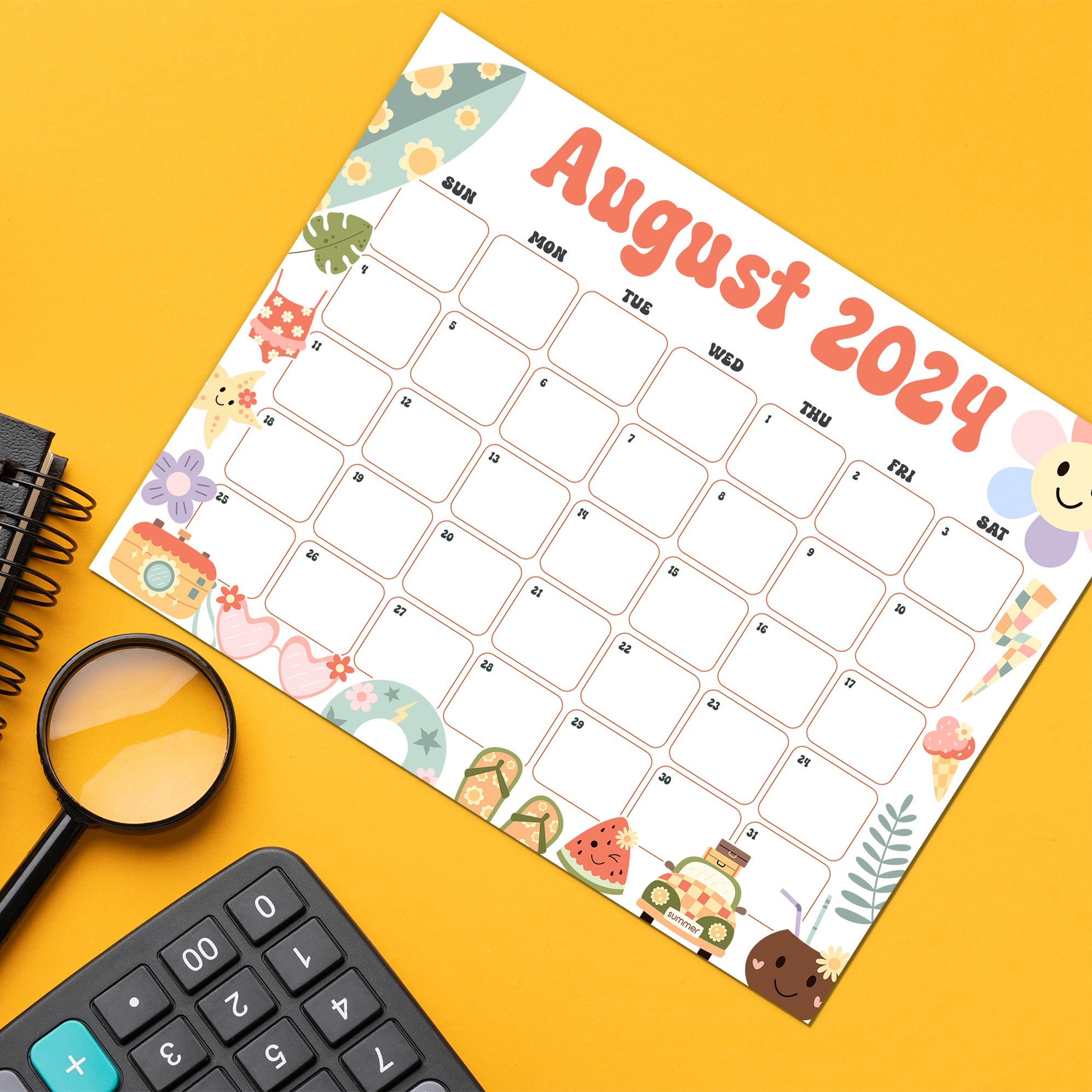 Adorable Retro August 2024 Summer Theme Printable Calendar - Posh Park