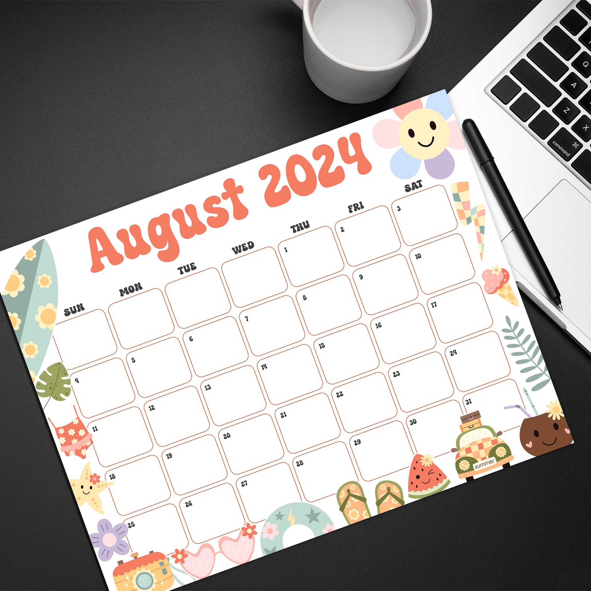Adorable Retro August 2024 Summer Theme Printable Calendar - Posh Park