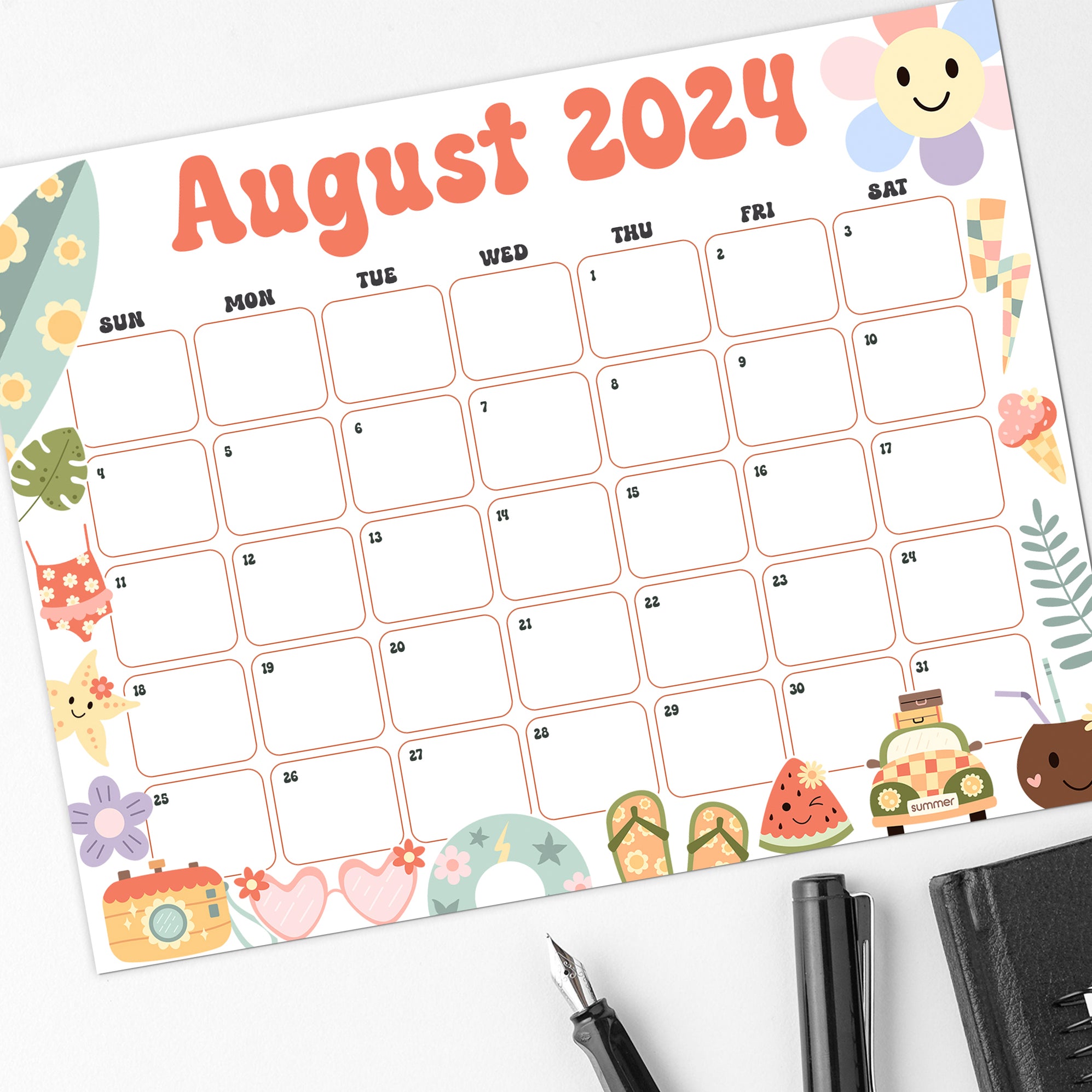 Adorable Retro August 2024 Summer Theme Printable Calendar - Posh Park
