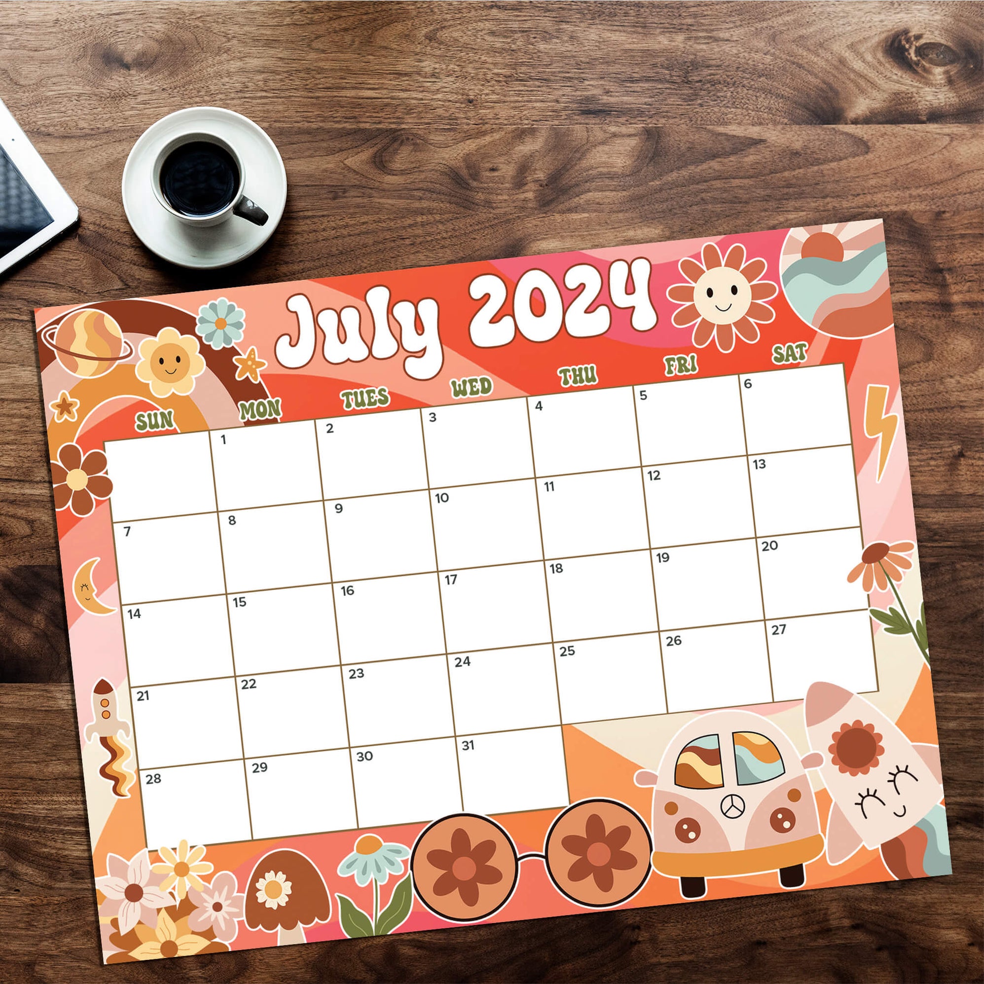 PDF Colorful Retro Vibe July 2024 Calendar | Printable Classic ...