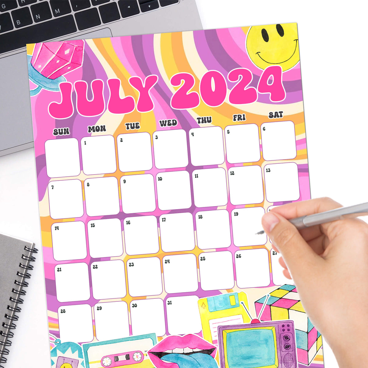 PDF Retro Vibe Colorful Theme July 2024 Calendar | Printable Retro ...