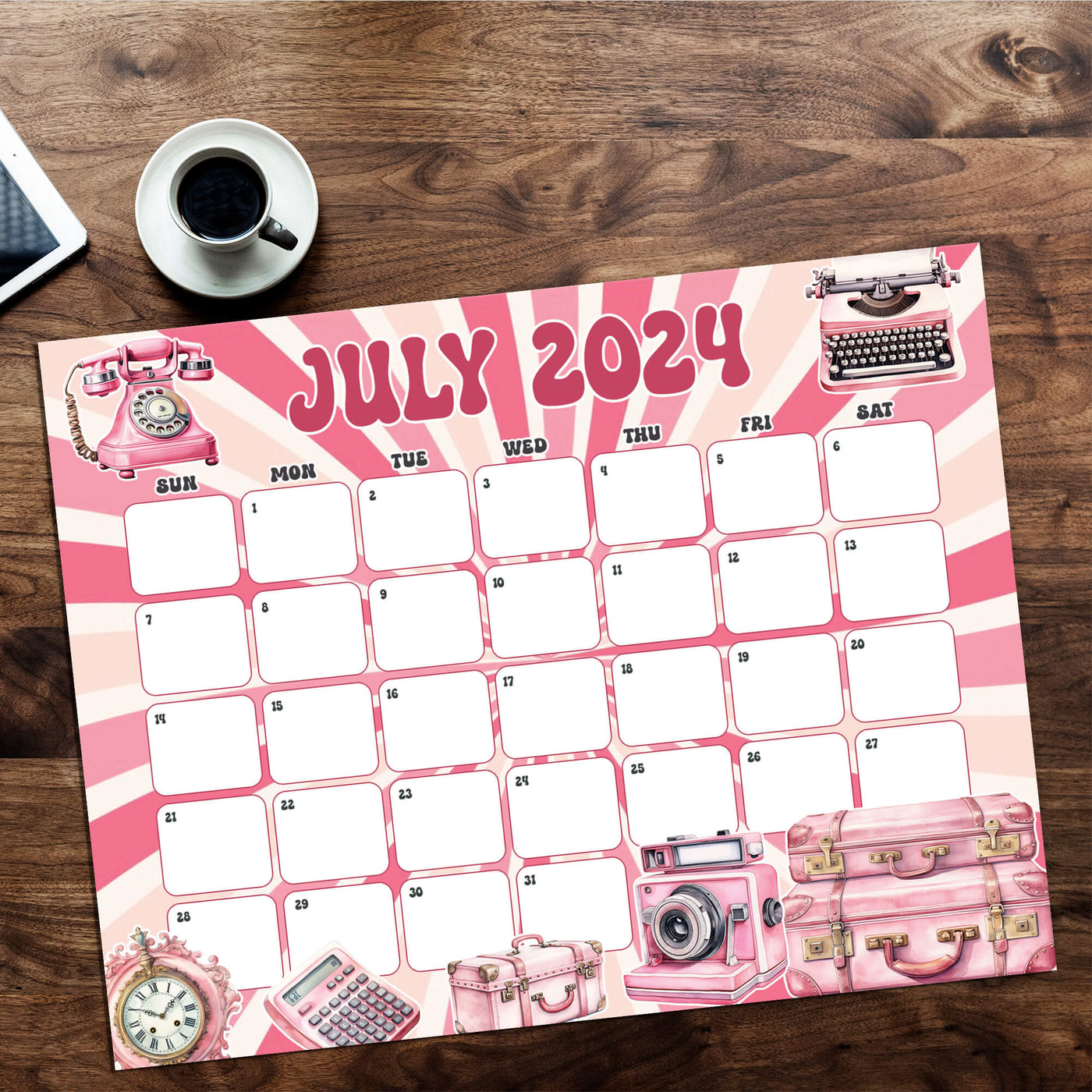 PDF Retro Vibe July 2024 Calendar | Printable Cute Vintage Themed Style ...