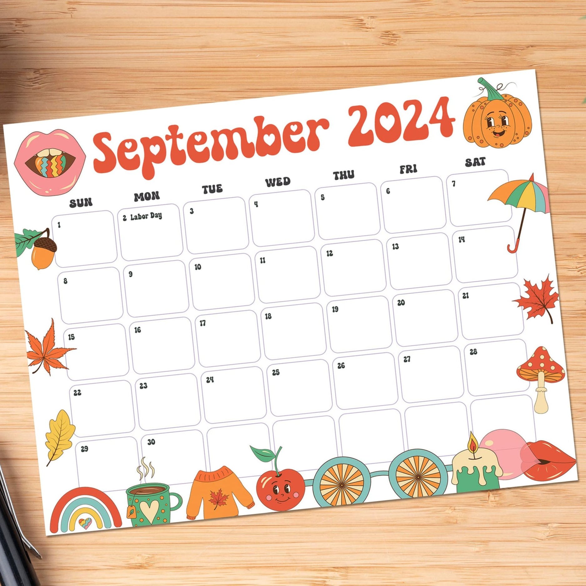 Groovy Retro September 2024 Calendar Printable Cute Theme - Posh Park