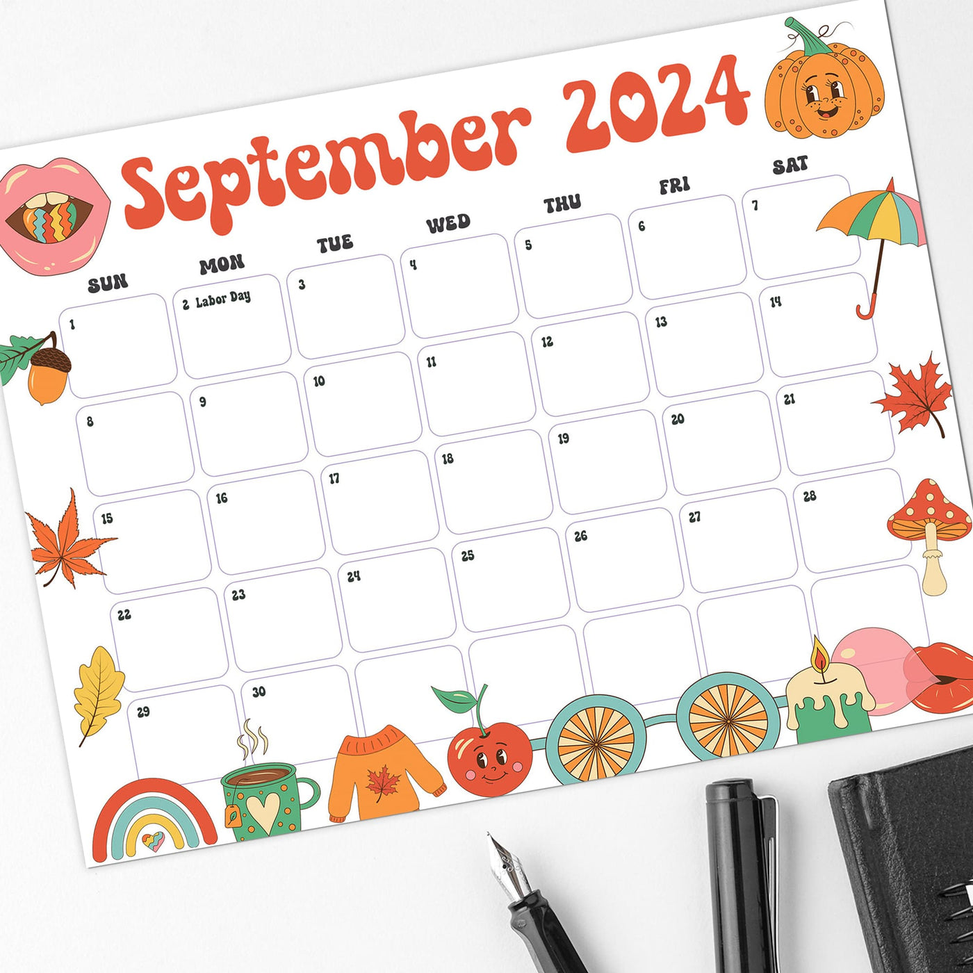 Groovy Retro September 2024 Calendar Printable Cute Theme - Posh Park