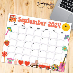 Printable September 2024 Calendar Groovy Retro Design - Posh Park