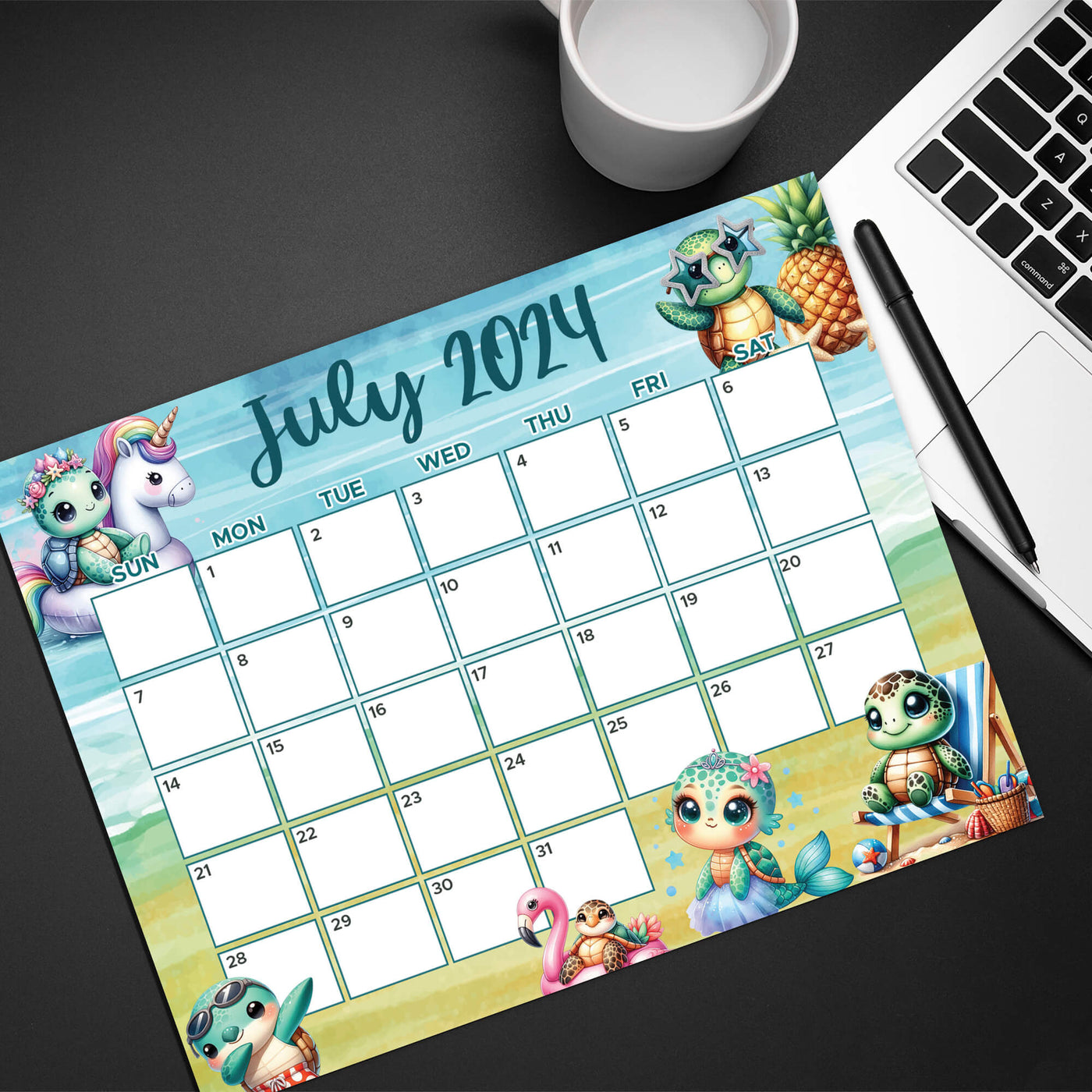 PDF Underwater Sea Turtle July 2024 Calendar | Printable Summer Vibe ...