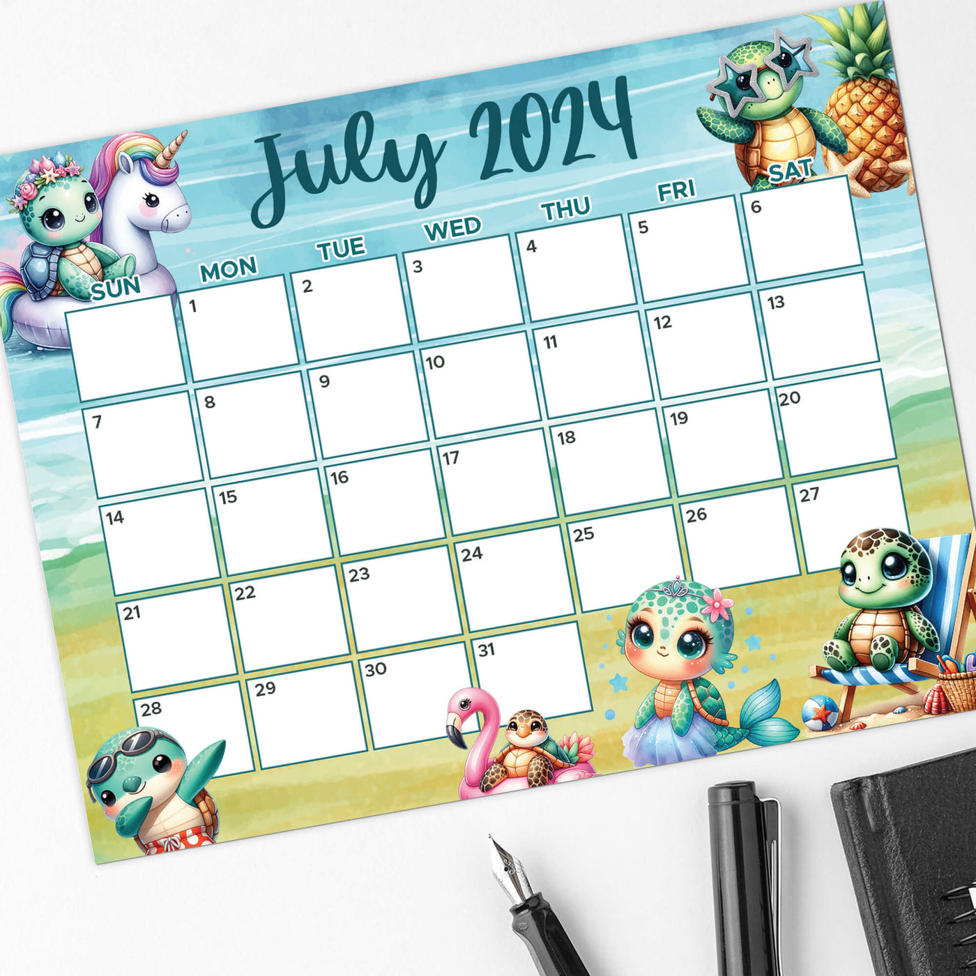 PDF Underwater Sea Turtle July 2024 Calendar | Printable Summer Vibe ...