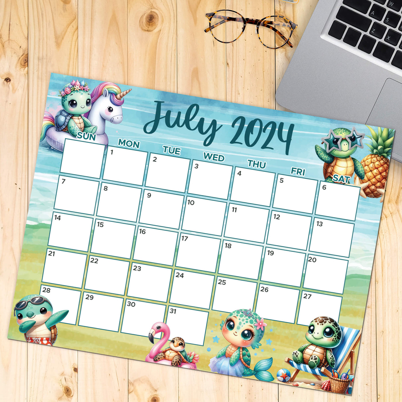 PDF Underwater Sea Turtle July 2024 Calendar | Printable Summer Vibe ...