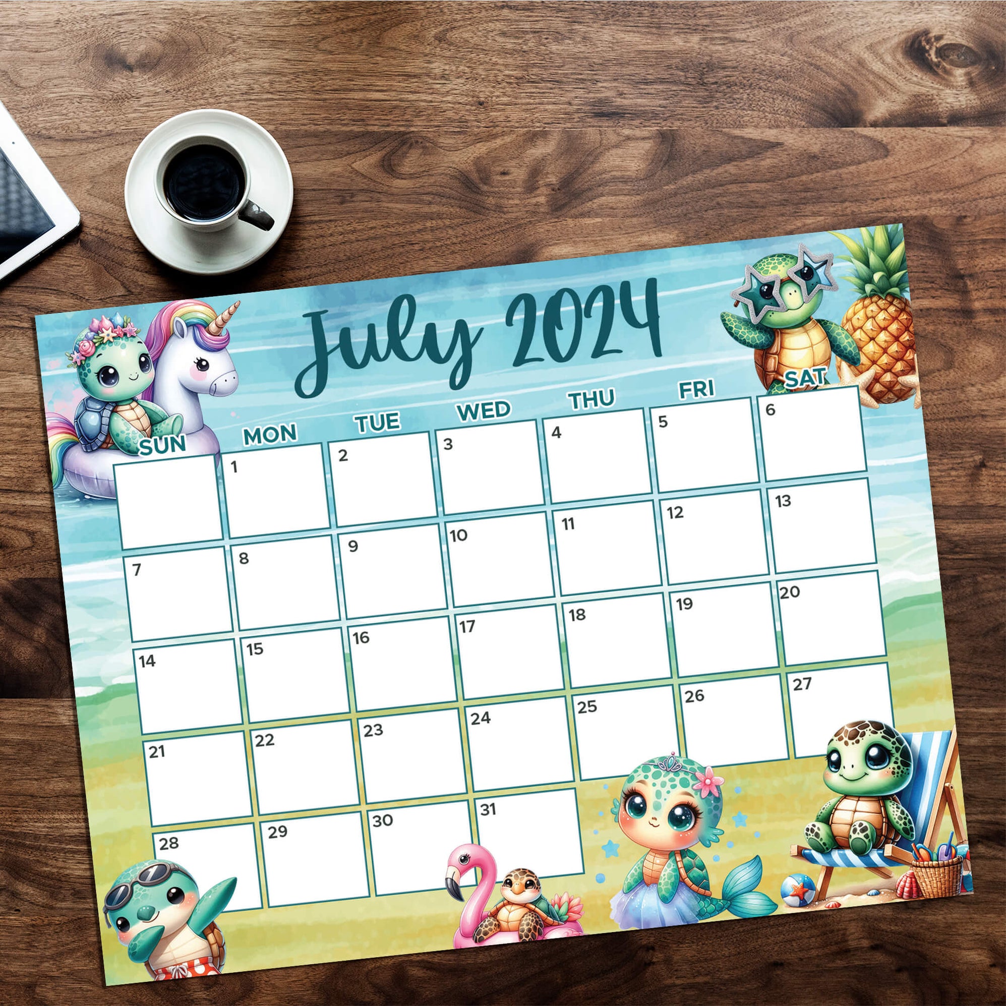 PDF Underwater Sea Turtle July 2024 Calendar | Printable Summer Vibe ...