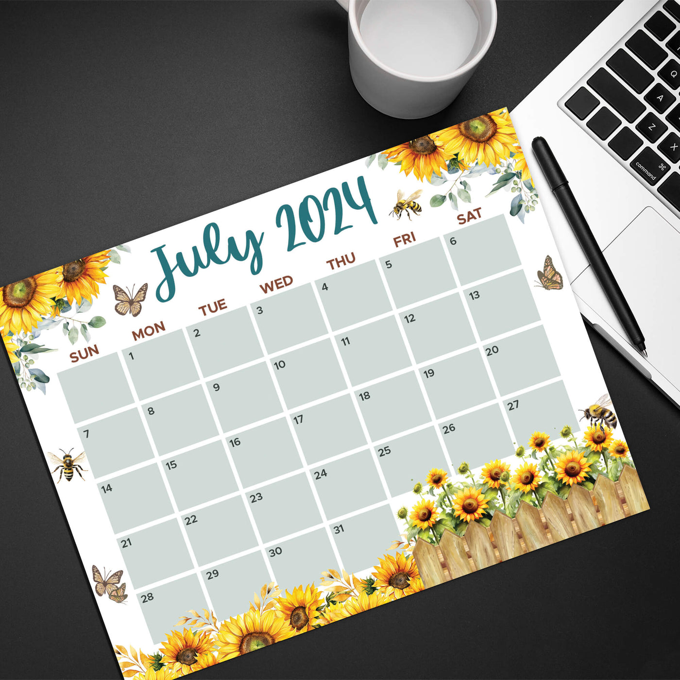 PDF Sunflower Summertime July 2024 Calendar | Printable Floral Themed ...