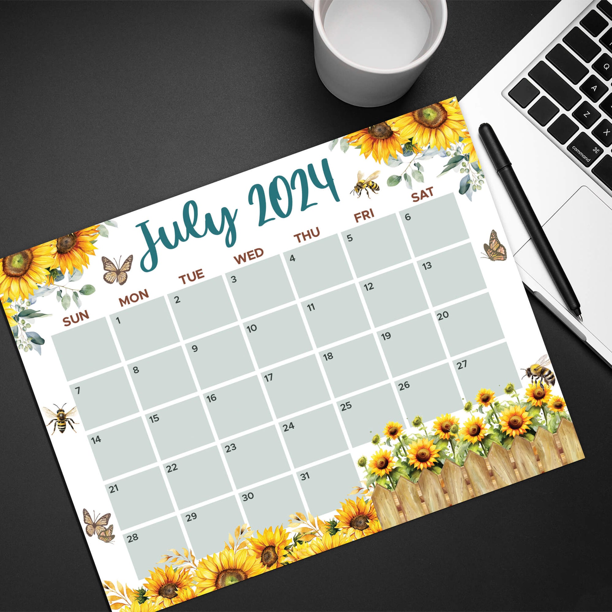 PDF Sunflower Summertime July 2024 Calendar | Printable Floral Themed ...