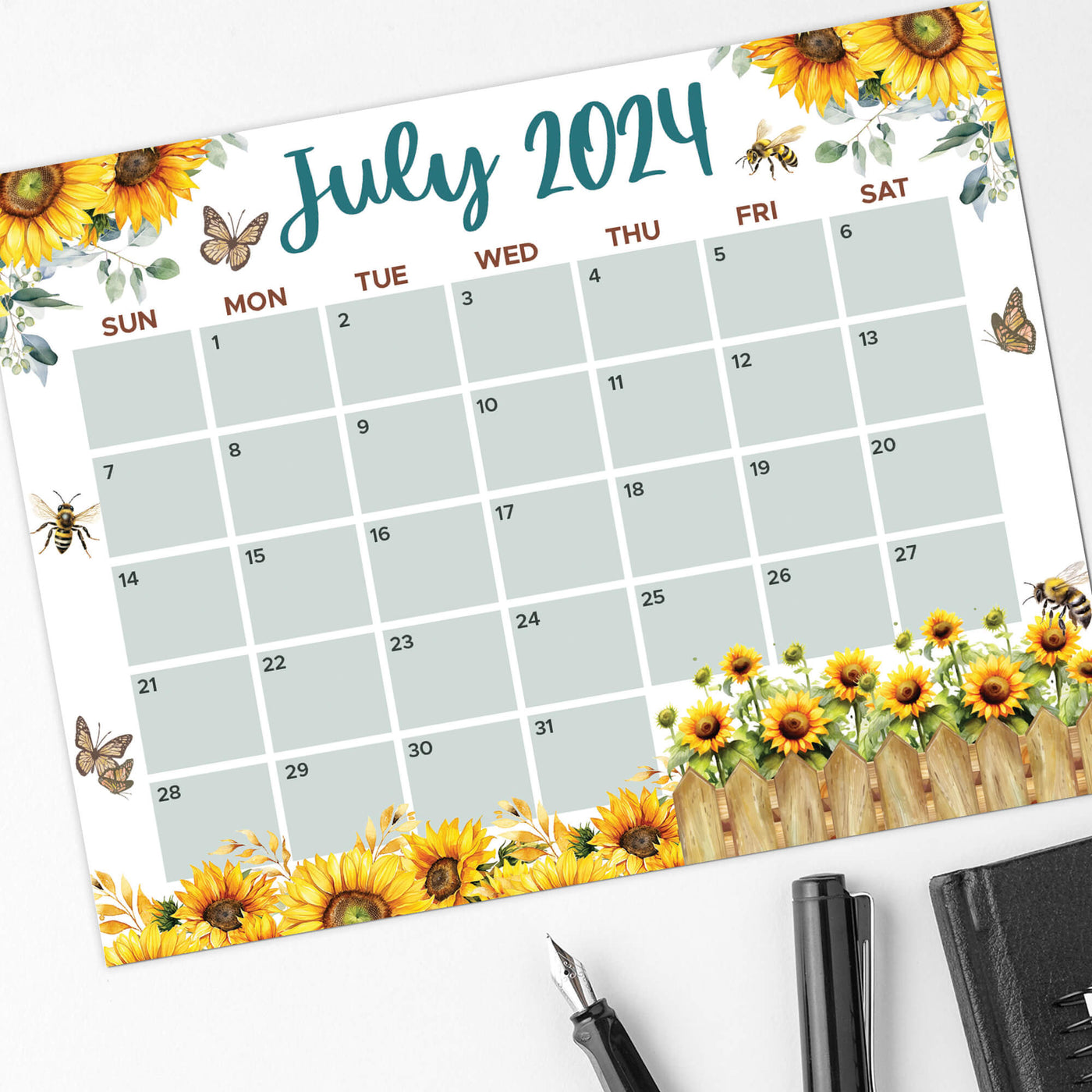 PDF Sunflower Summertime July 2024 Calendar | Printable Floral Themed ...