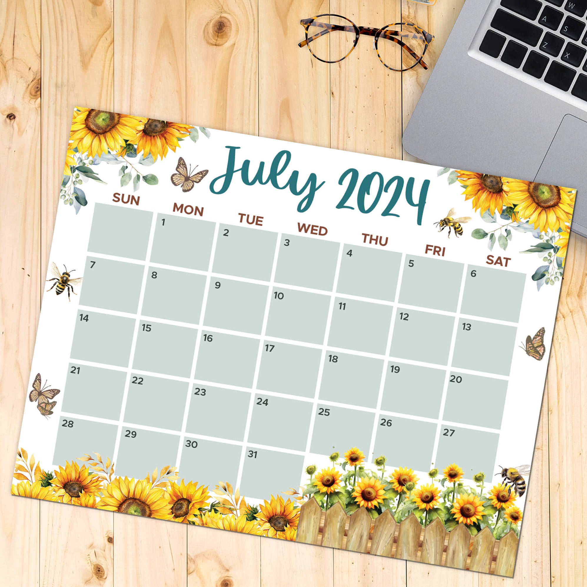 PDF Sunflower Summertime July 2024 Calendar | Printable Floral Themed ...