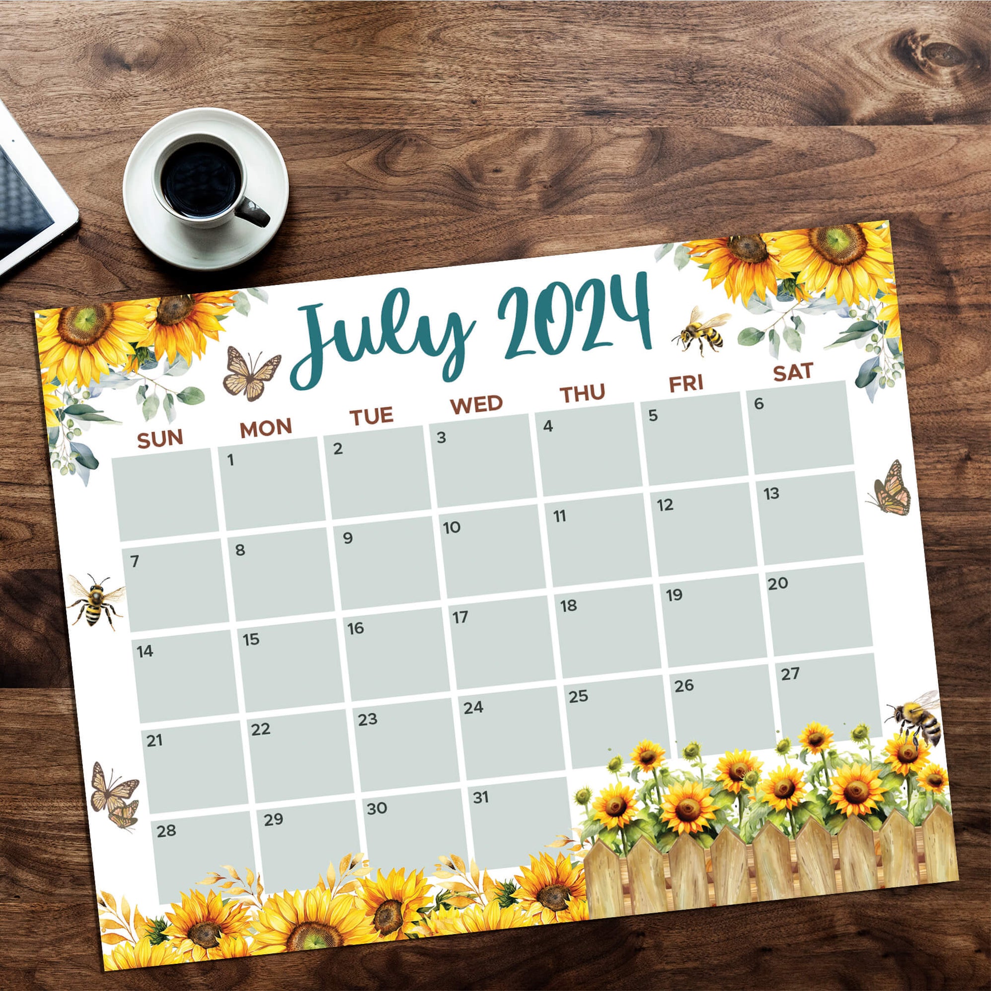 PDF Sunflower Summertime July 2024 Calendar | Printable Floral Themed ...