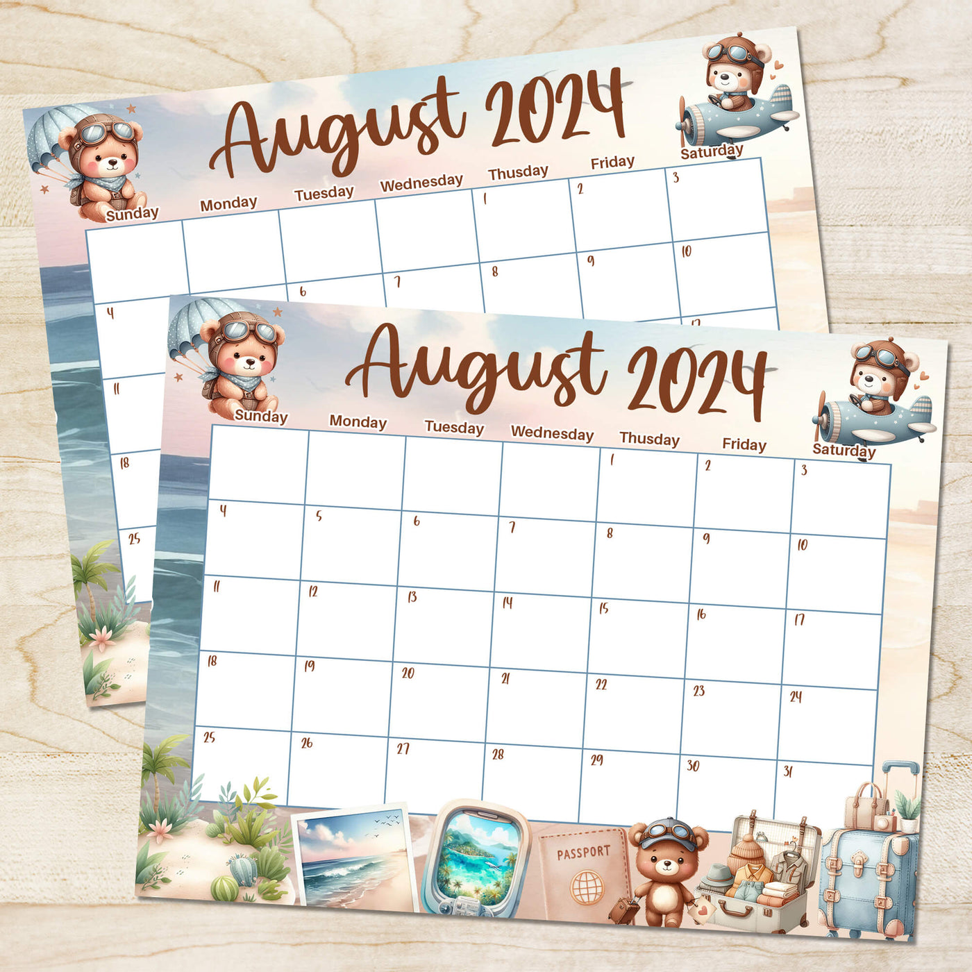 PDF August 2024 Cute Travel Themed Calendar | Printable Travel Bear ...