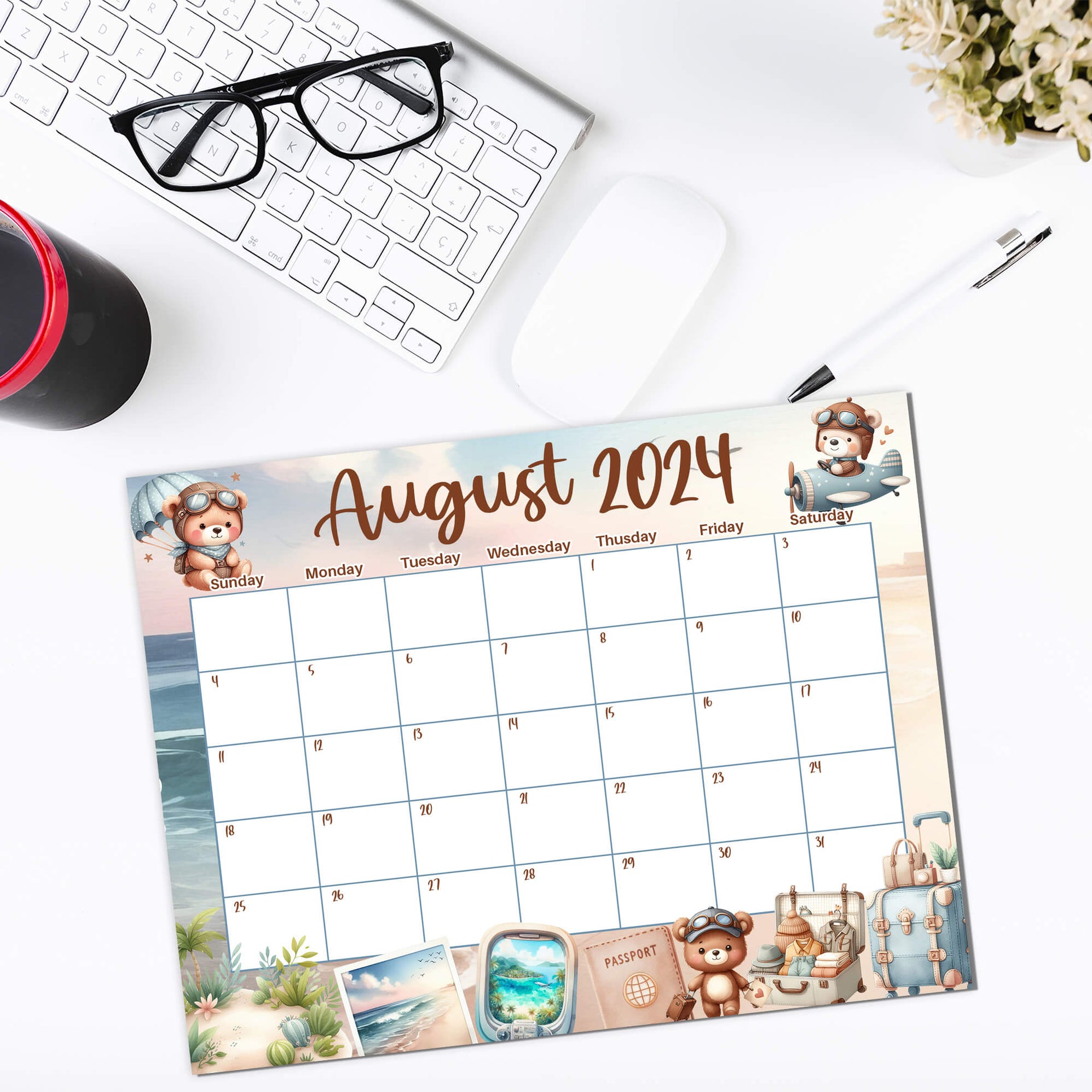 PDF August 2024 Cute Travel Themed Calendar | Printable Travel Bear ...