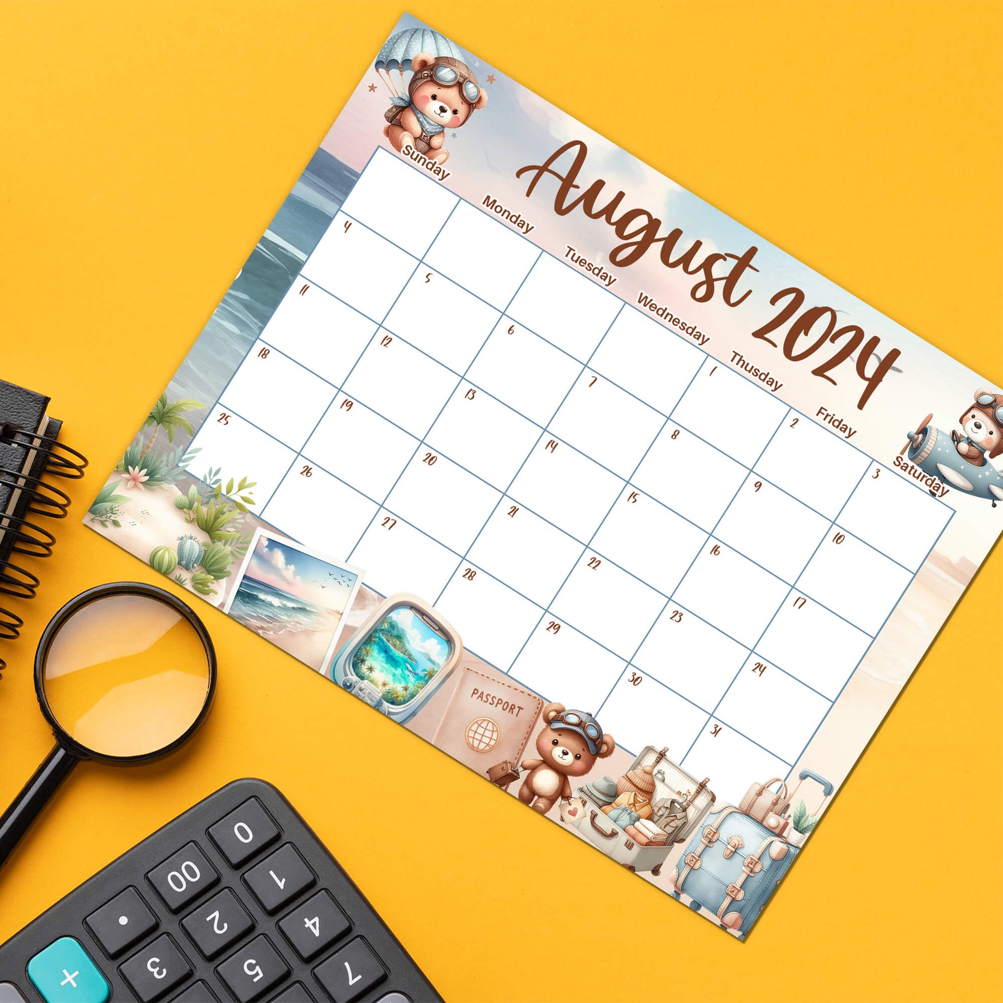 PDF August 2024 Cute Travel Themed Calendar | Printable Travel Bear ...