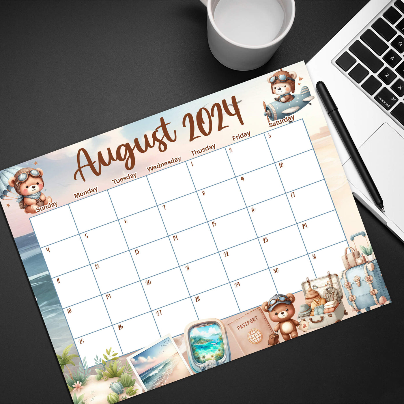 PDF August 2024 Cute Travel Themed Calendar | Printable Travel Bear ...