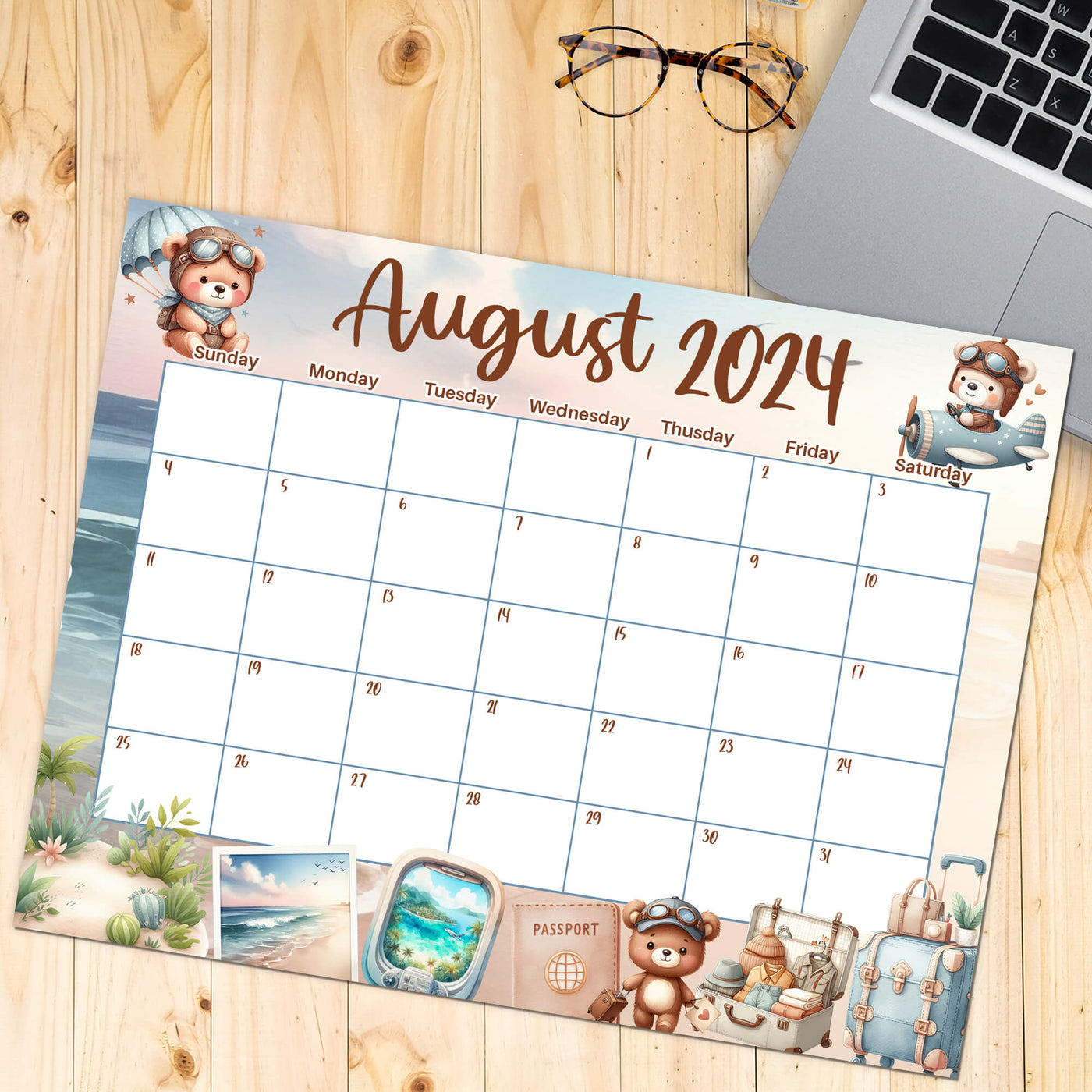 PDF August 2024 Cute Travel Themed Calendar | Printable Travel Bear ...