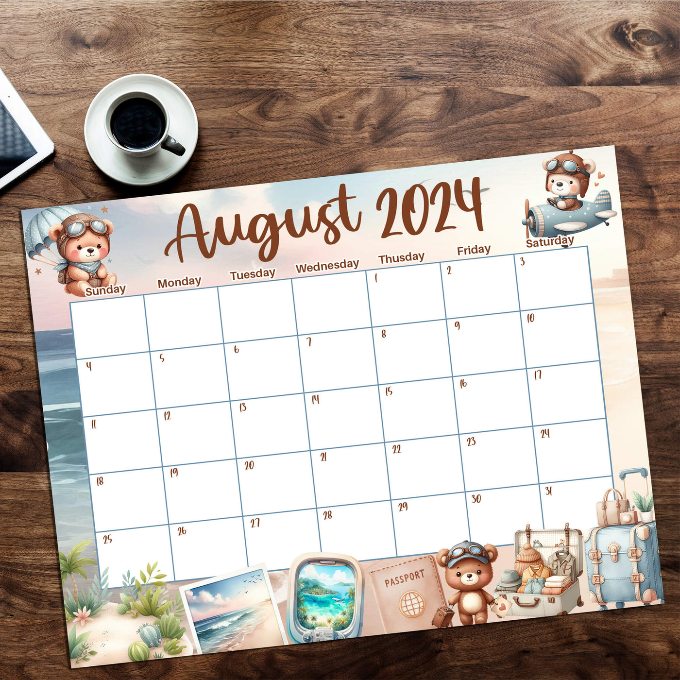 PDF August 2024 Cute Travel Themed Calendar | Printable Travel Bear ...