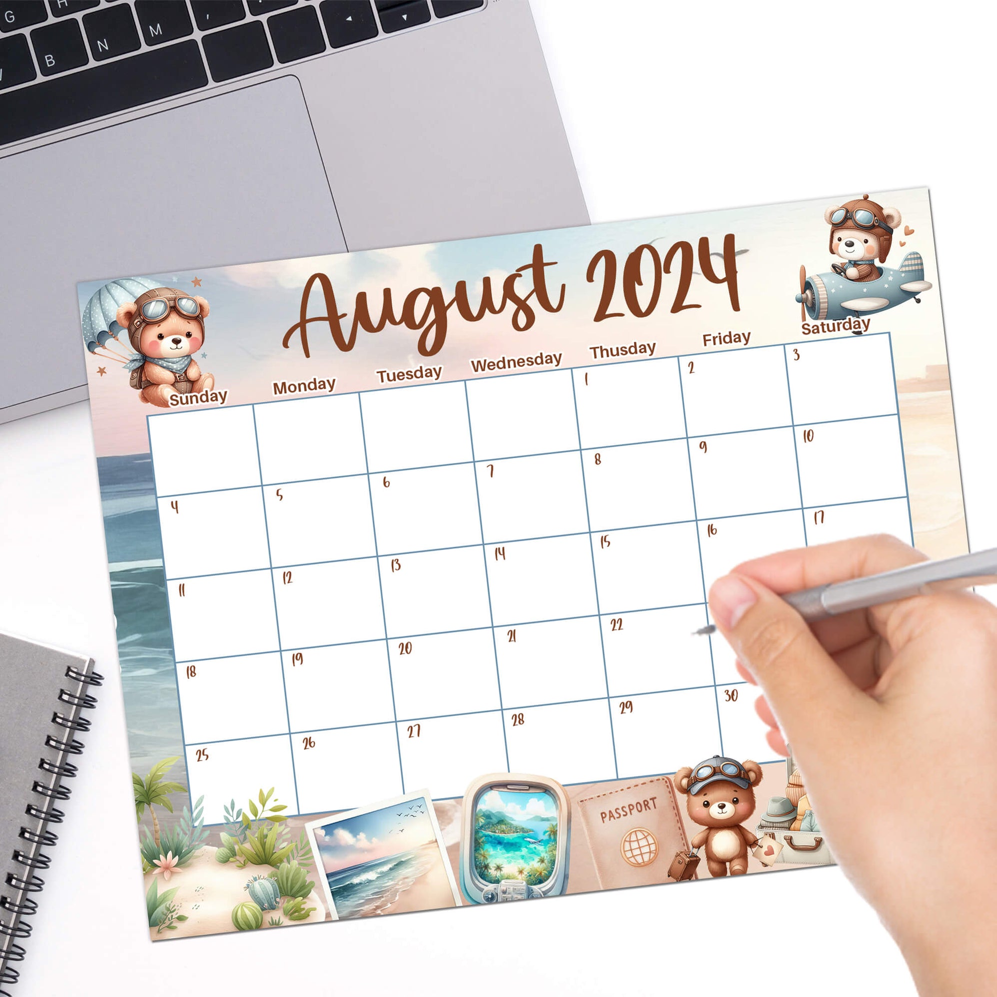 PDF August 2024 Cute Travel Themed Calendar | Printable Travel Bear ...