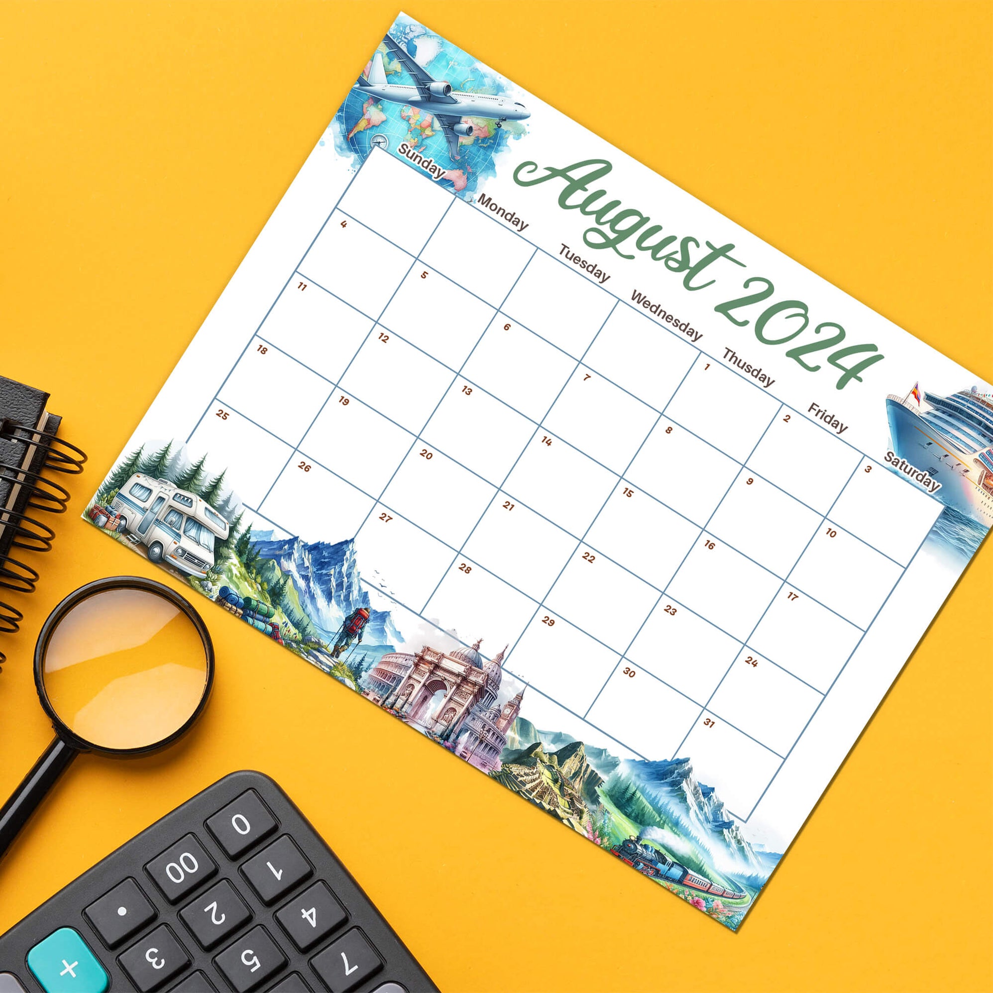 PDF Wanderlust Travel Adventure Themed August 2024 Calendar | Printable ...