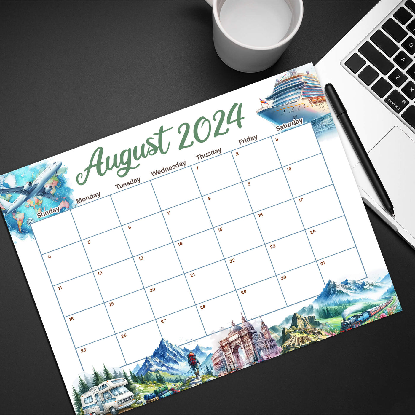 PDF Wanderlust Travel Adventure Themed August 2024 Calendar | Printable ...