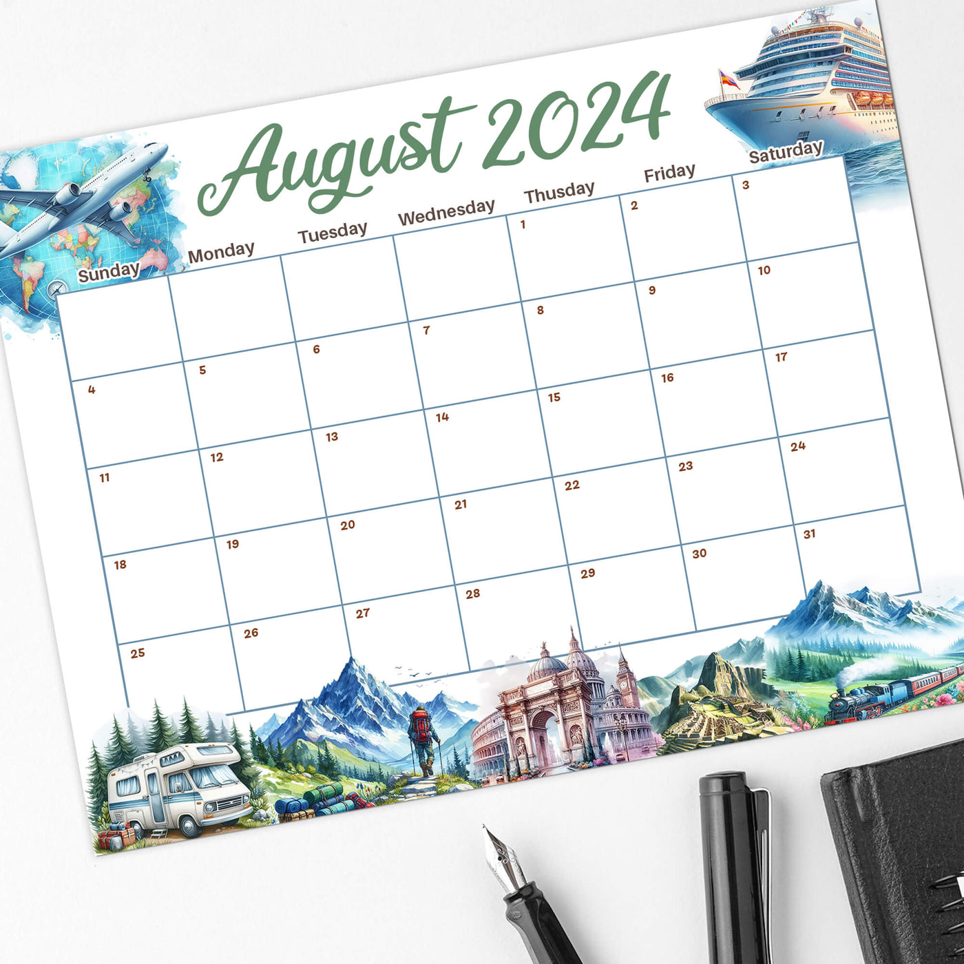 PDF Wanderlust Travel Adventure Themed August 2024 Calendar | Printable ...