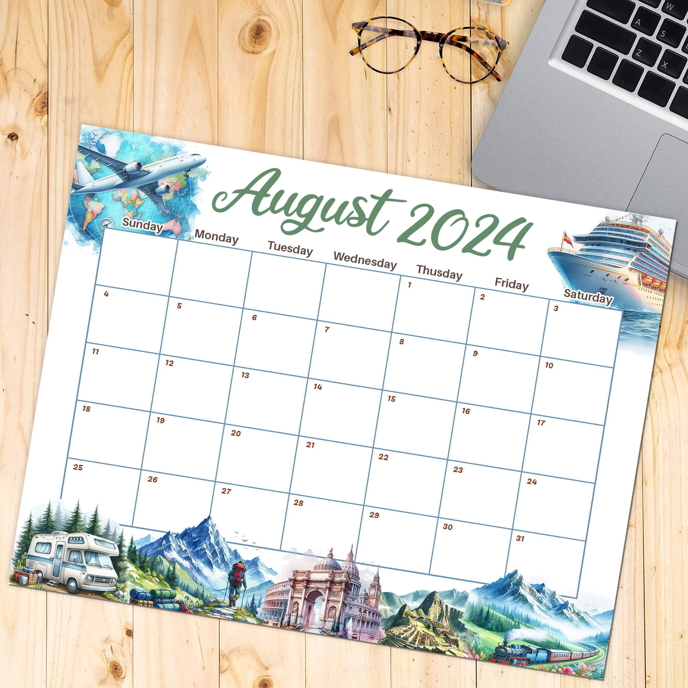 PDF Wanderlust Travel Adventure Themed August 2024 Calendar | Printable ...