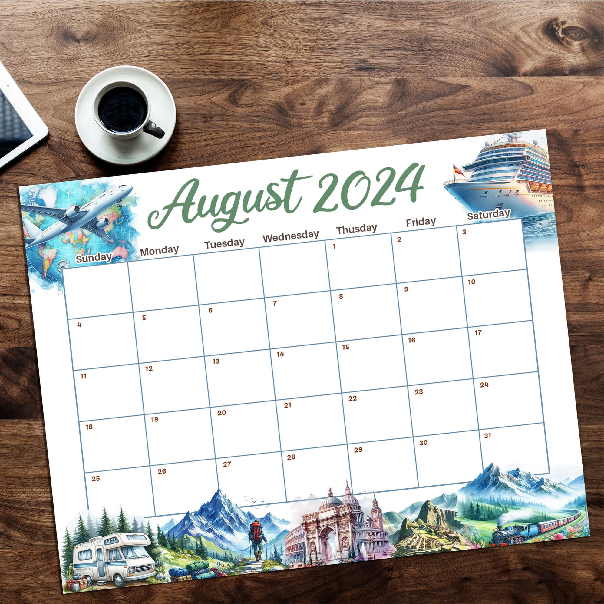 PDF Wanderlust Travel Adventure Themed August 2024 Calendar | Printable ...
