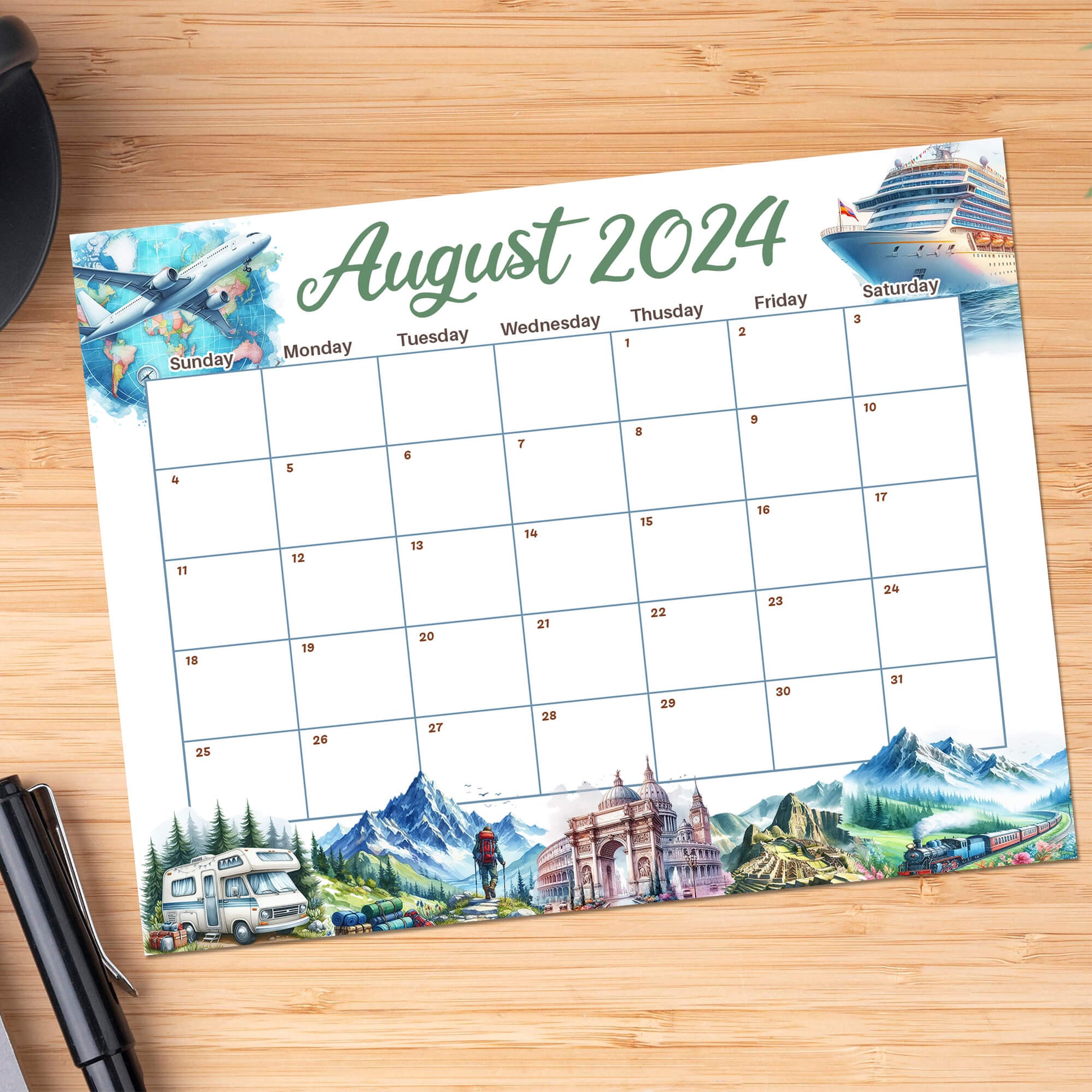 PDF Wanderlust Travel Adventure Themed August 2024 Calendar | Printable ...