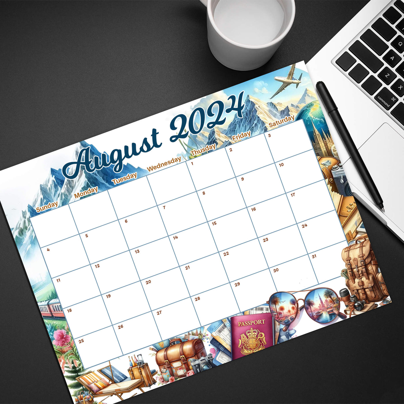 PDF August 2024 Journey Themed Calendar | Printable Travel Dream Themed ...