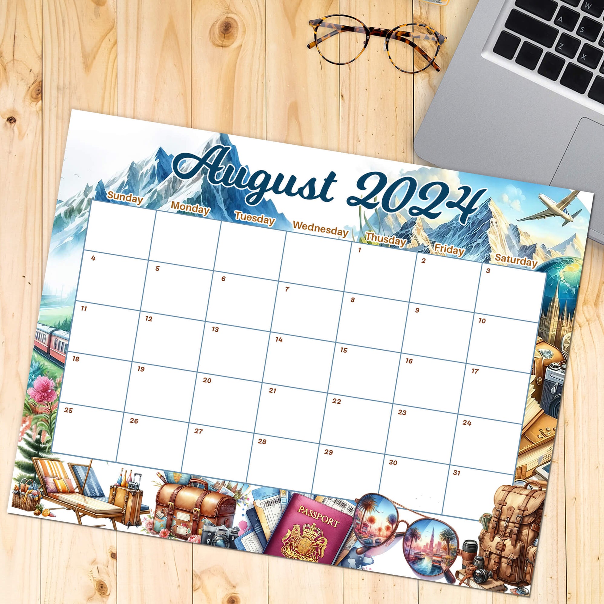 PDF August 2024 Journey Themed Calendar | Printable Travel Dream Themed ...