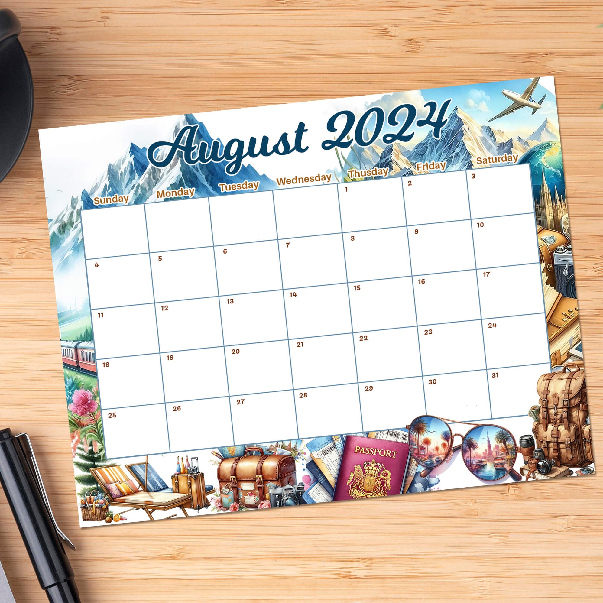 PDF August 2024 Journey Themed Calendar | Printable Travel Dream Themed ...