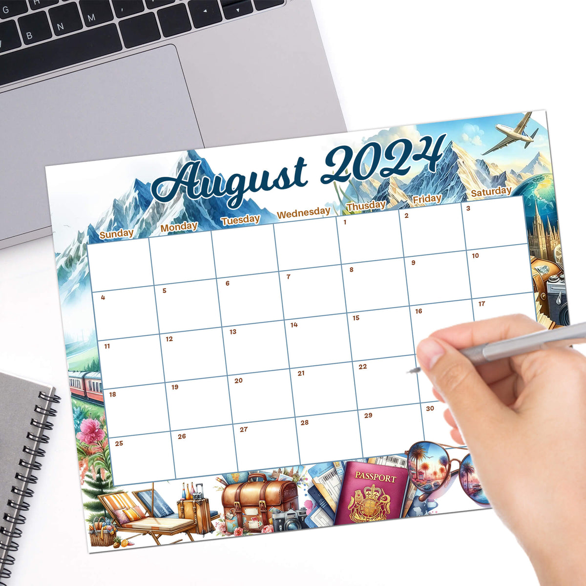 PDF August 2024 Journey Themed Calendar | Printable Travel Dream Themed ...