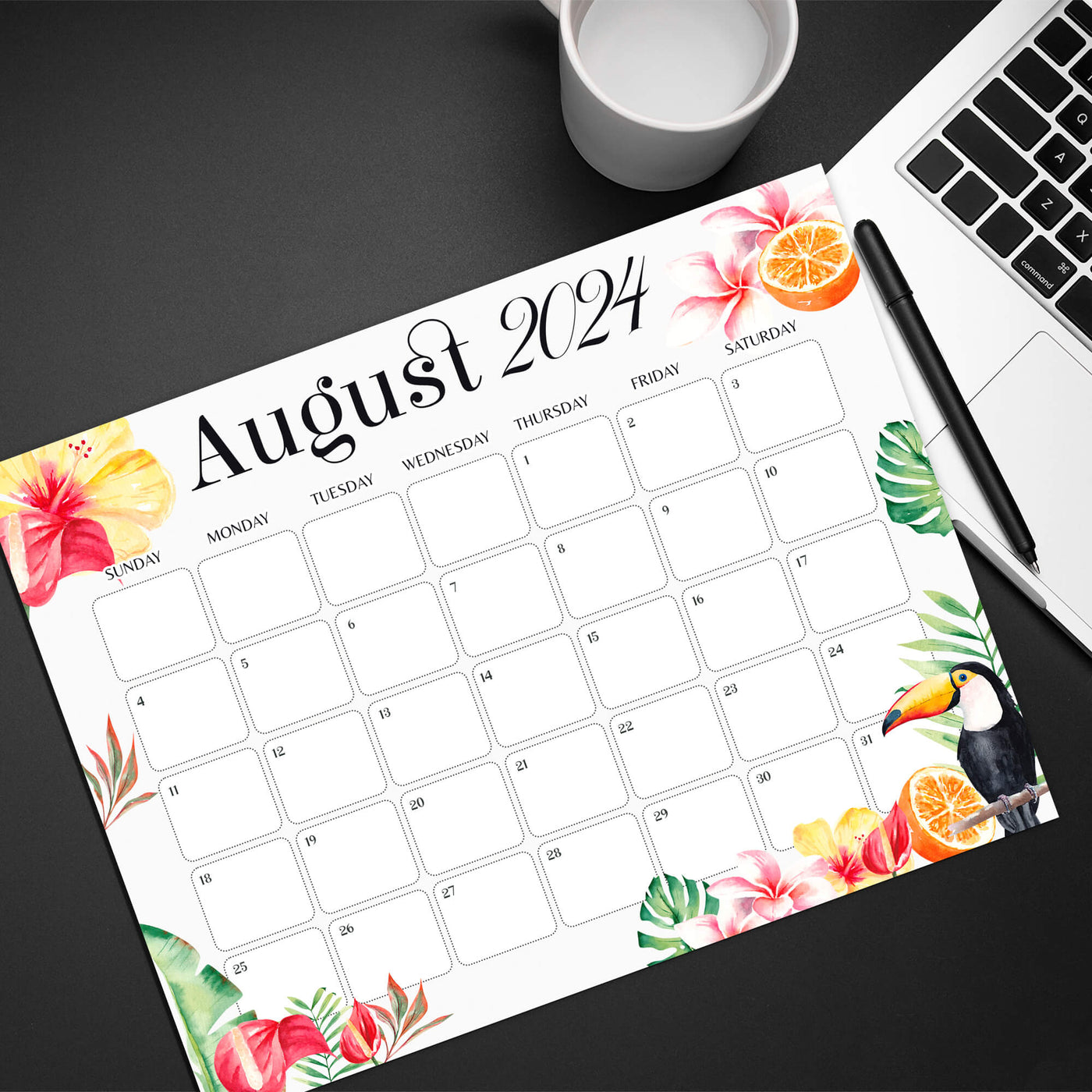 PDF Tropical Vibes Themed August 2024 Calendar | Printable Tropical ...