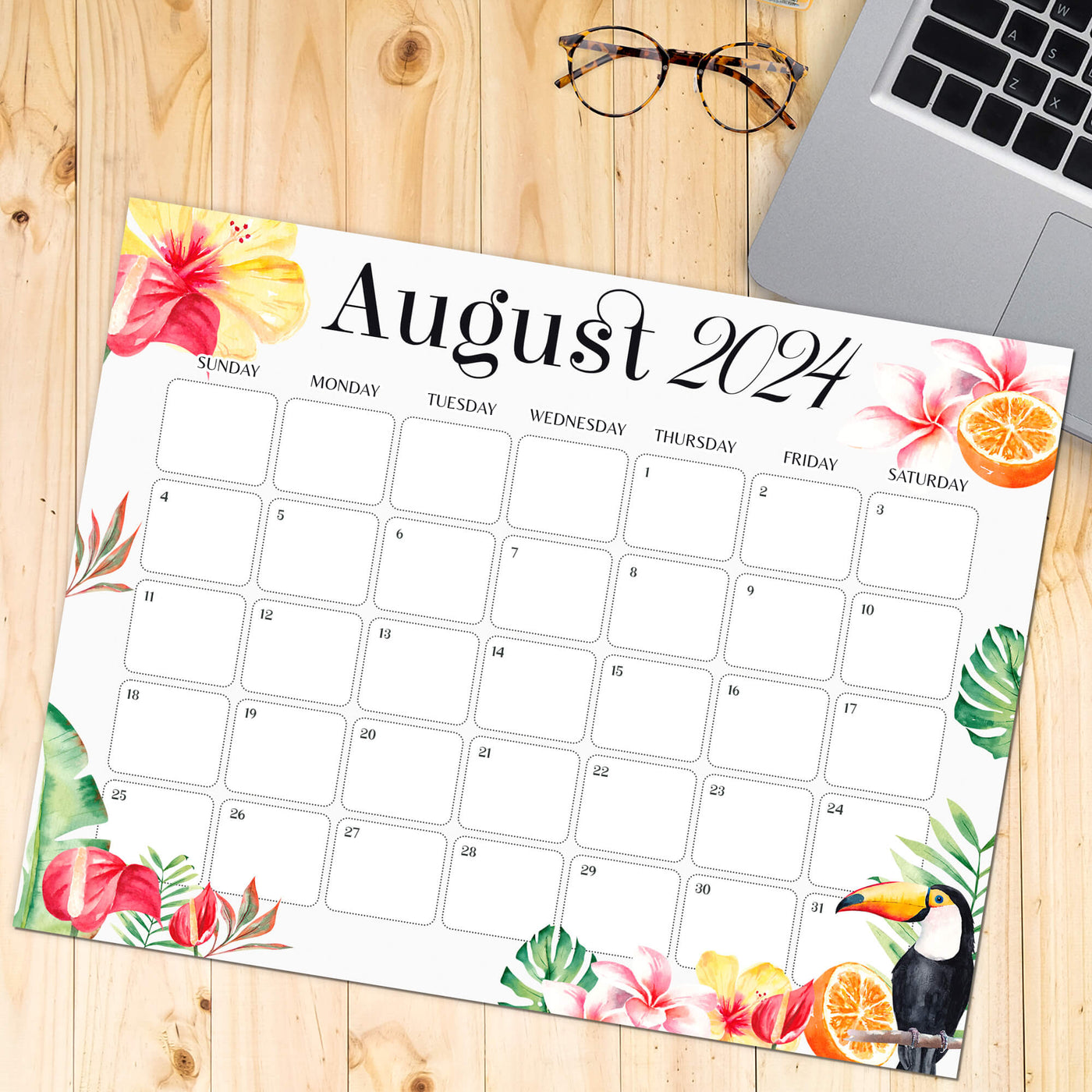 PDF Tropical Vibes Themed August 2024 Calendar | Printable Tropical ...