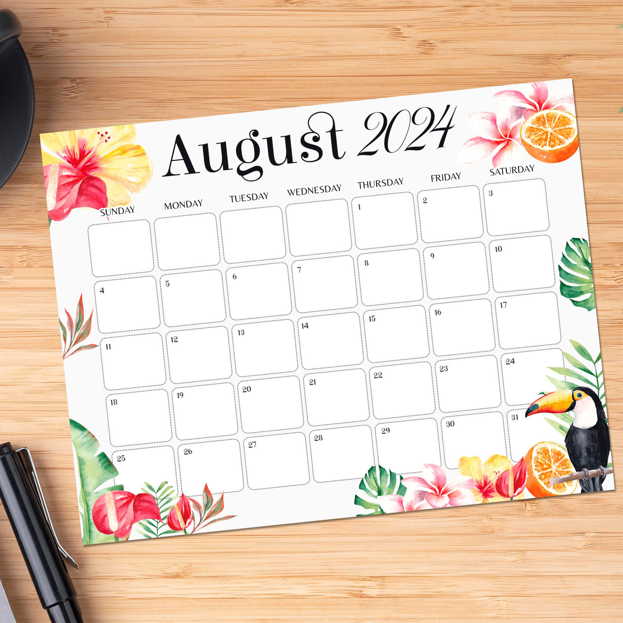PDF Tropical Vibes Themed August 2024 Calendar | Printable Tropical ...