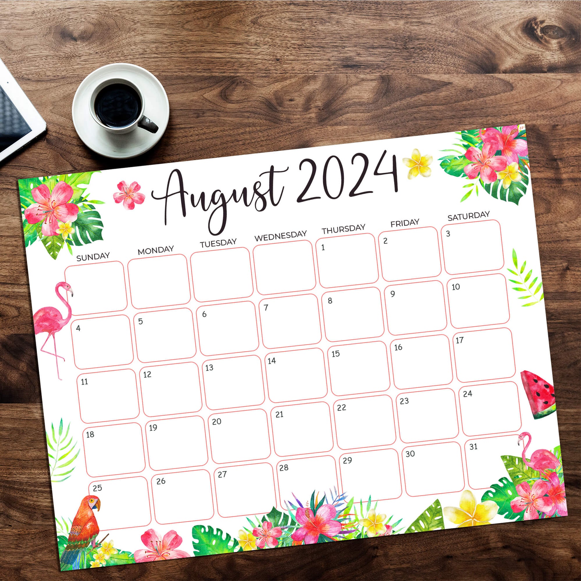 PDF August 2024 Tropical Themed Calendar | Printable Tropical Escape ...
