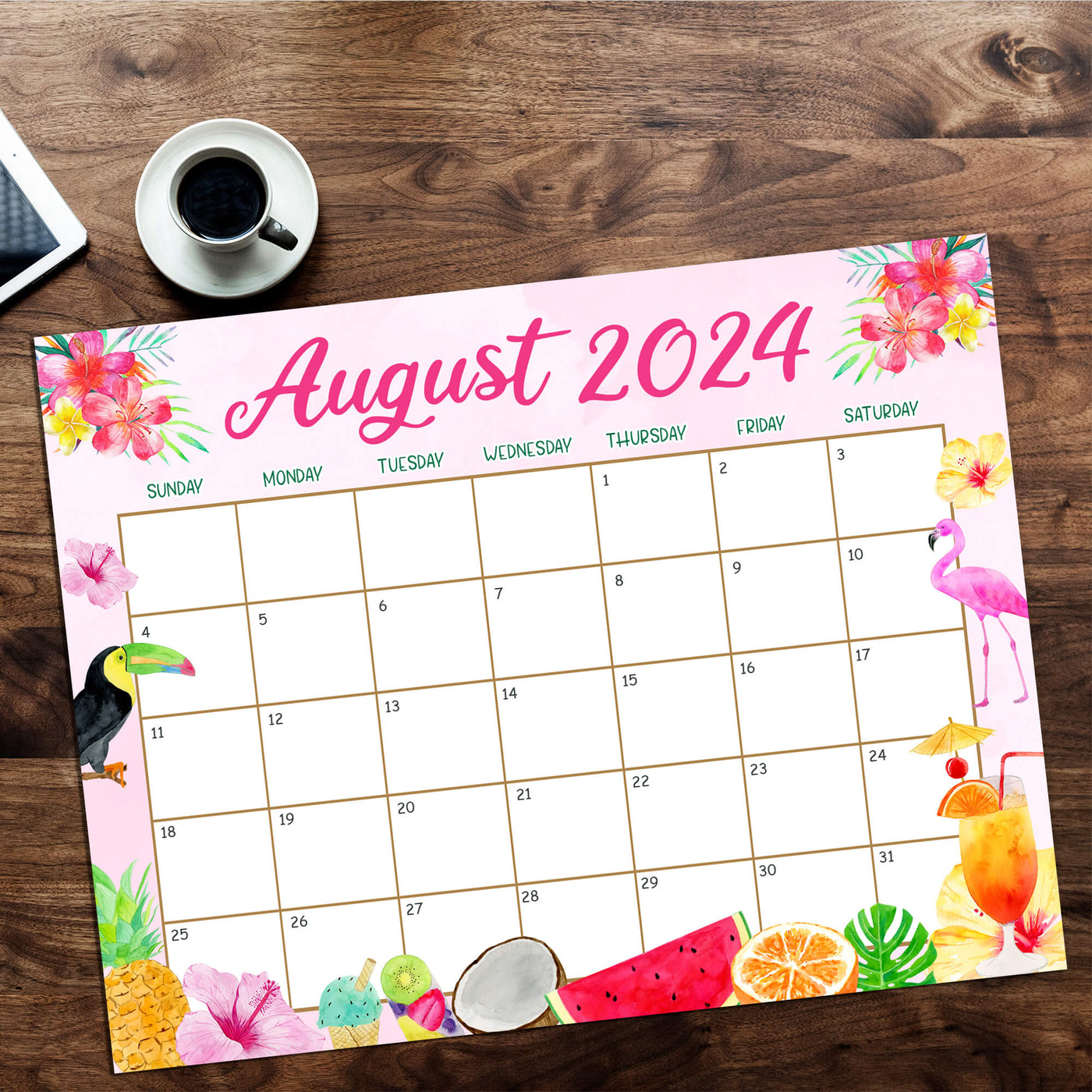 PDF August 2024 Tropical Paradise Themed Calendar | Printable Island ...
