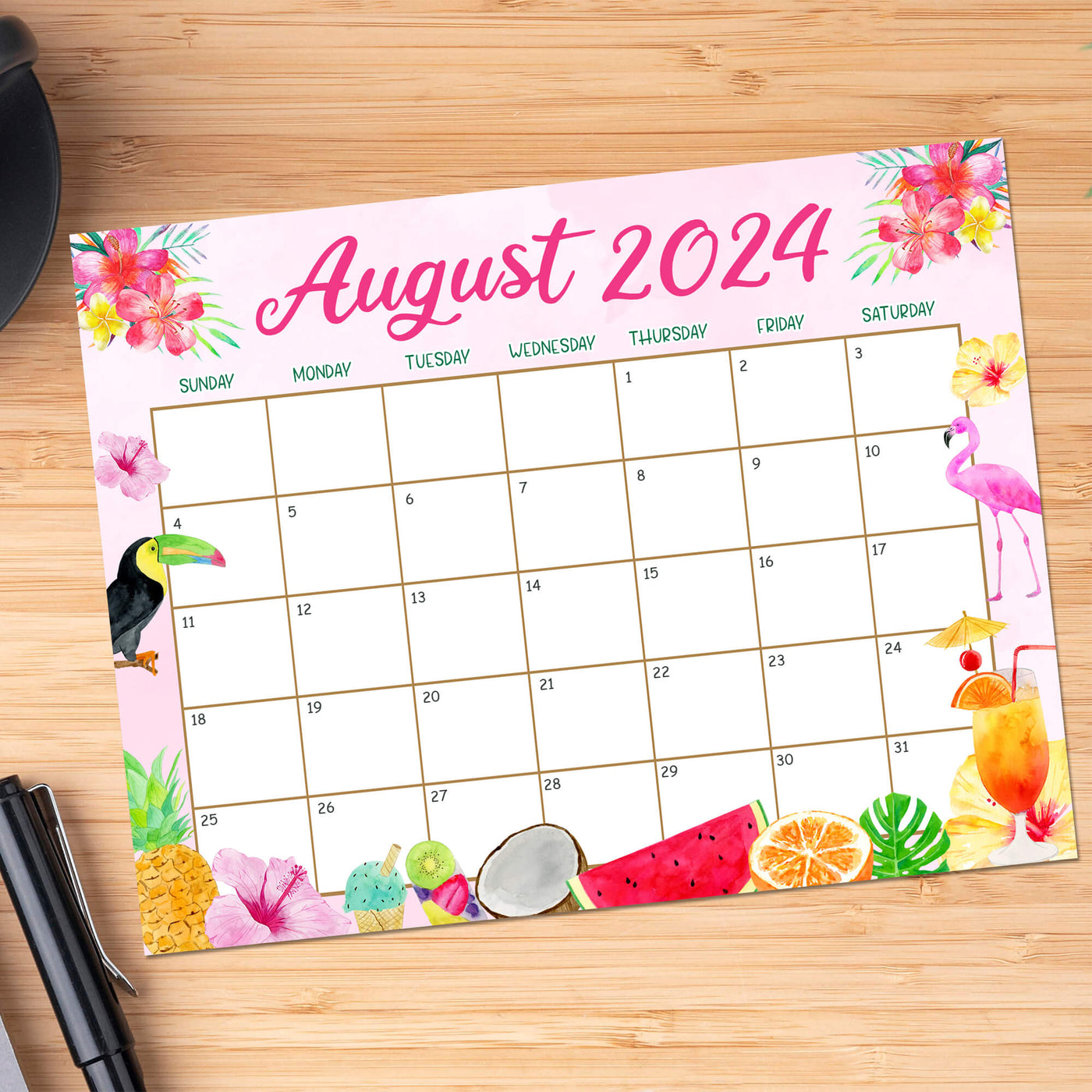 PDF August 2024 Tropical Paradise Themed Calendar | Printable Island ...