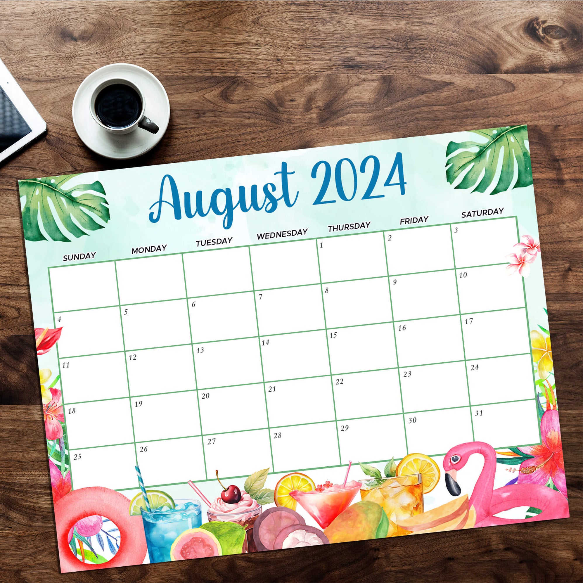 PDF August 2024 Island Getaway Themed Calendar | Printable Tropical ...