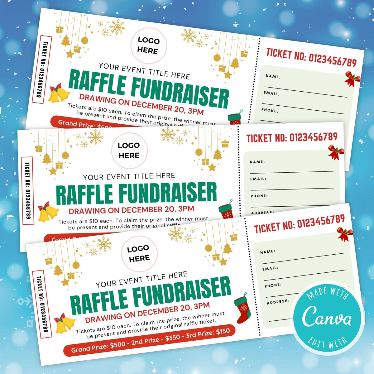 Christmas Raffle Ticket Template | Customizable Holiday Giveaway Ticket ...